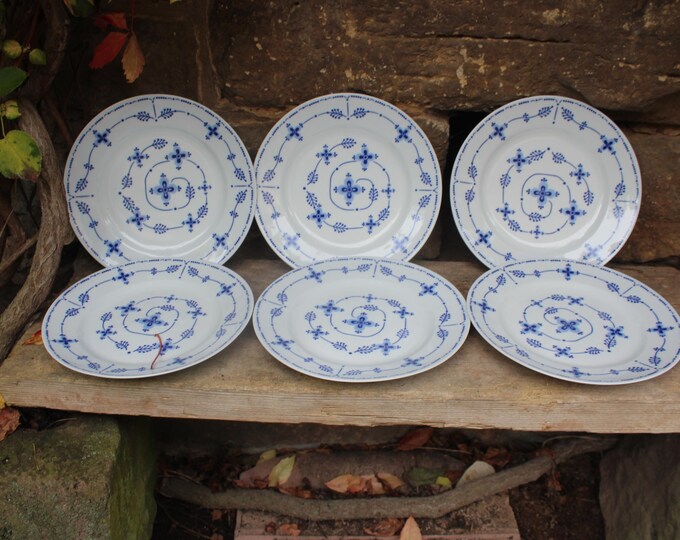 Set of 6 Dinner Plates White Blue / Floral Decor Real Cobalt ...
