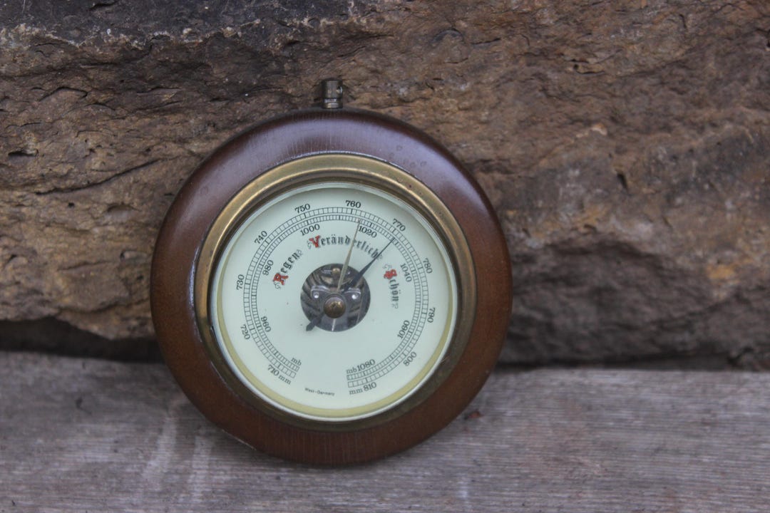 Small Barometer Weather Station Vintage Wood Brass Panorama Optics West ...