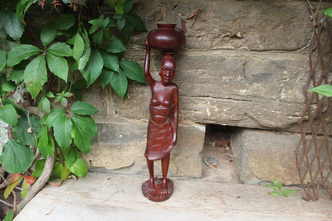 African Water Carrier Wooden Figure 50 Cm Woman With Water Jug Carved ...