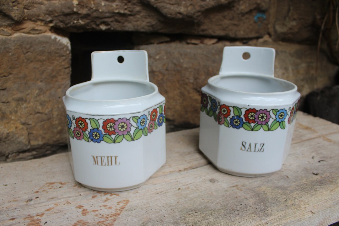 2 Wall Storage Containers Porcelain Containers Flour Salt Kitchen ...