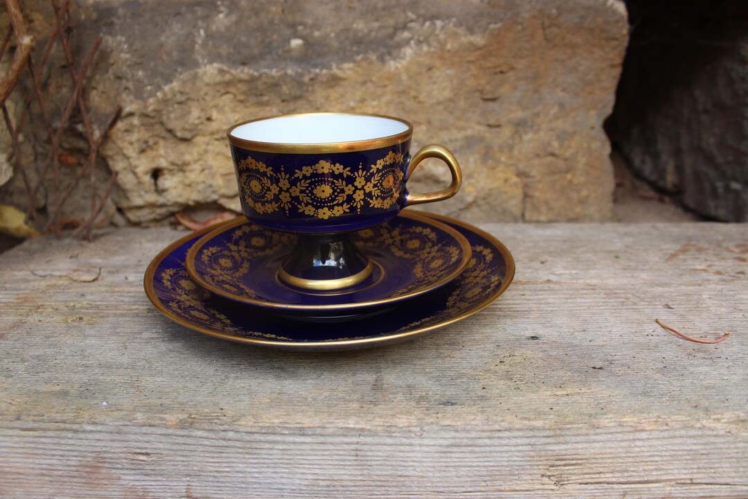3 Pcs. Collector's Cup Collector's Set Real Cobalt Floral Gold Decor ...