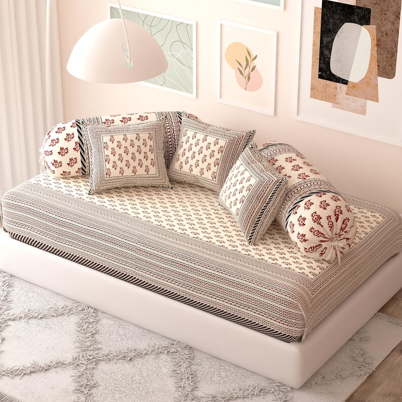 Blizz Mont Handblock Bagru Printed Diwan Set Pure Cotton Set Contains 6 ...