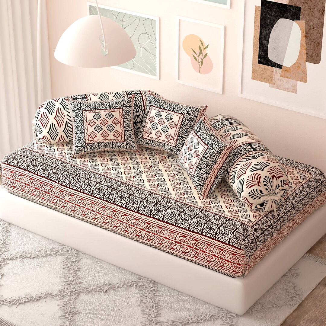 Blizz Mont Handblock Bagru Printed Diwan Set Pure Cotton Set Contains 6 ...