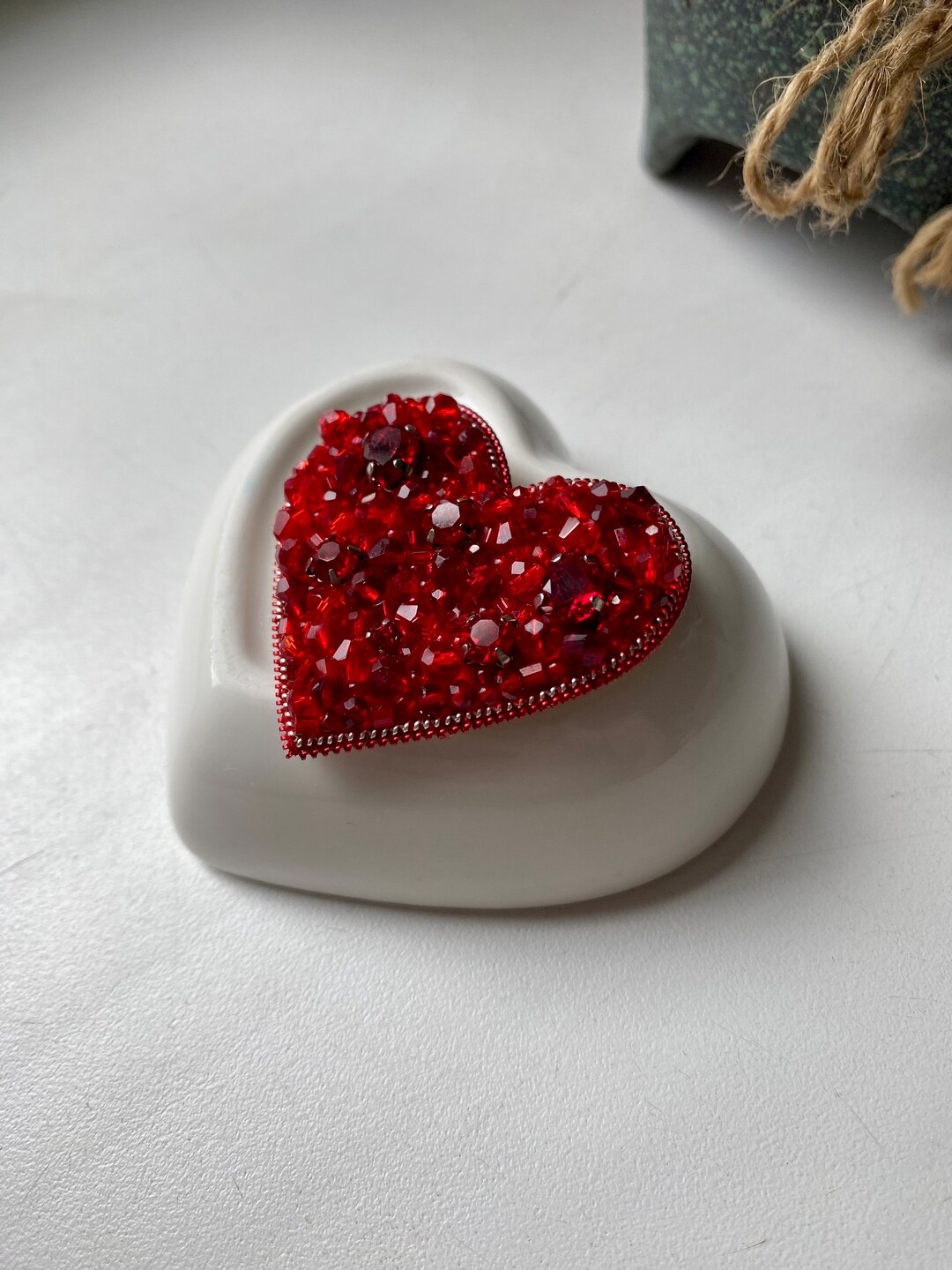 Handmade Red Beaded Heart Brooch: Crystal Accent - Etsy