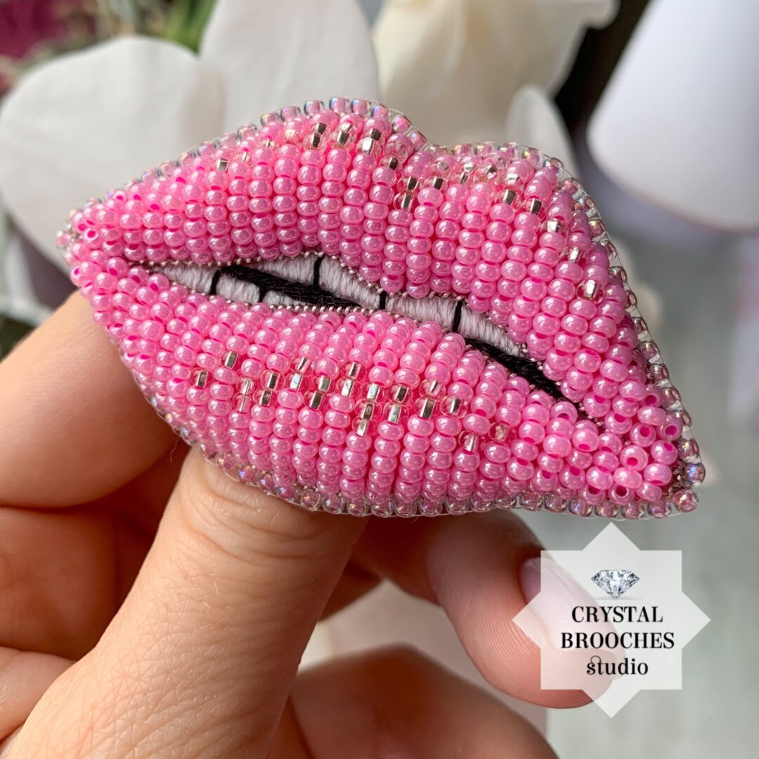 Red Pink Beaded Brooch Lips, Jewelry,brooch Lips Kisses, Bright Red Color, Stones Jewelry,beaded ...