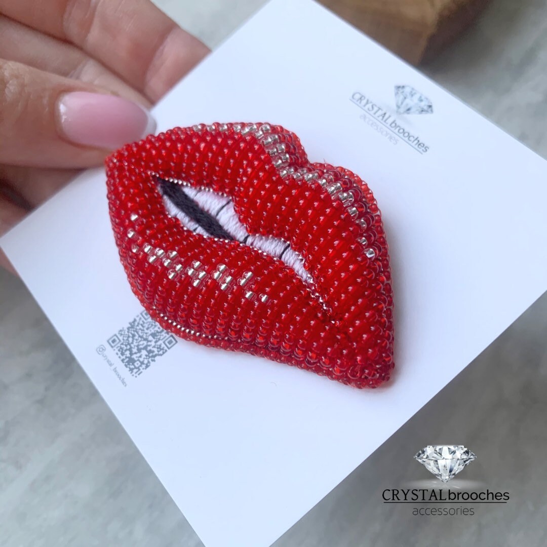 Red Pink Beaded Brooch Lips, Jewelry,brooch Lips Kisses, Bright Red ...