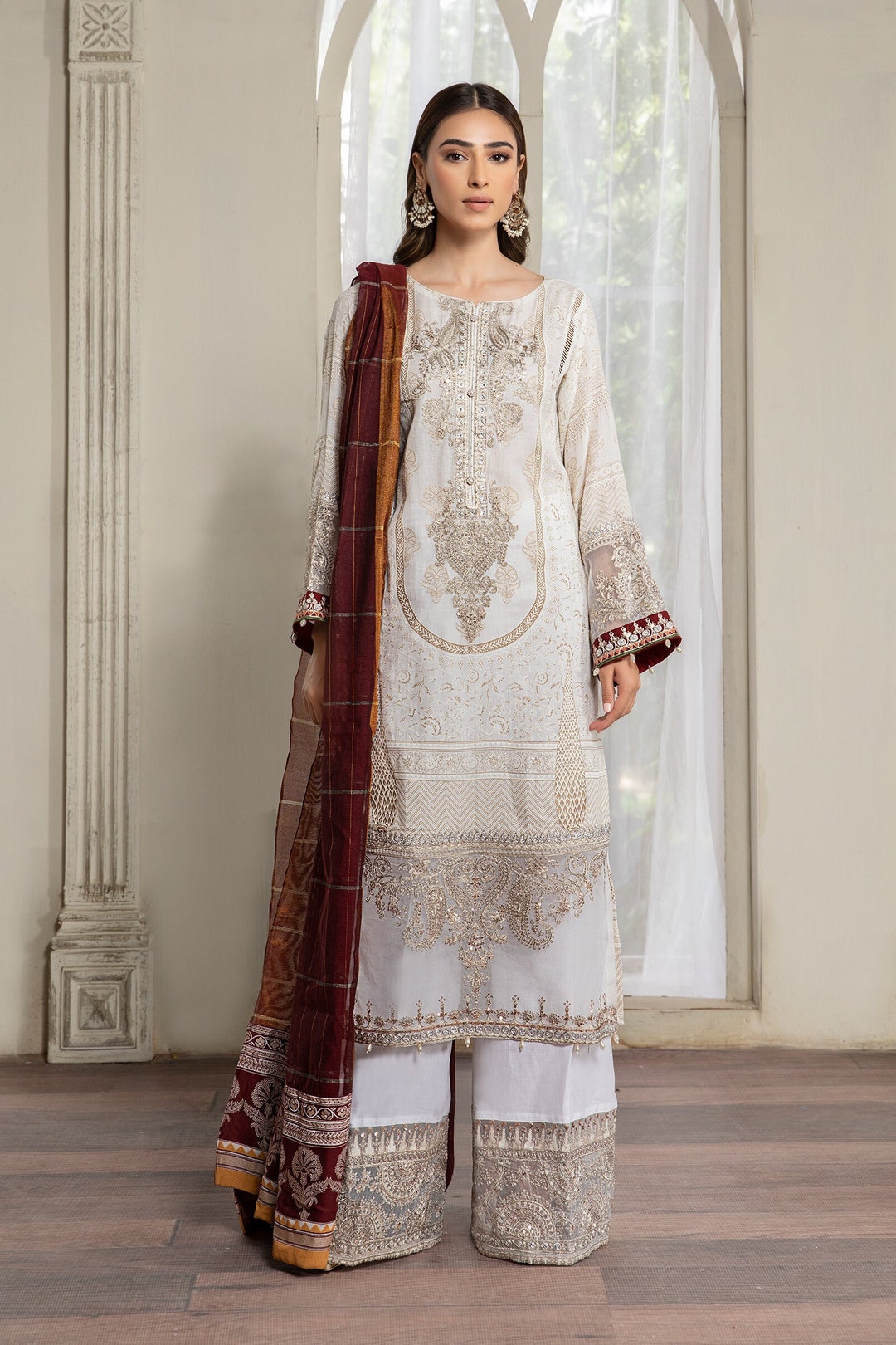 Brand New Original Maria B Luxury Lawn Ivory White and Maroon ELS-21-01 ...