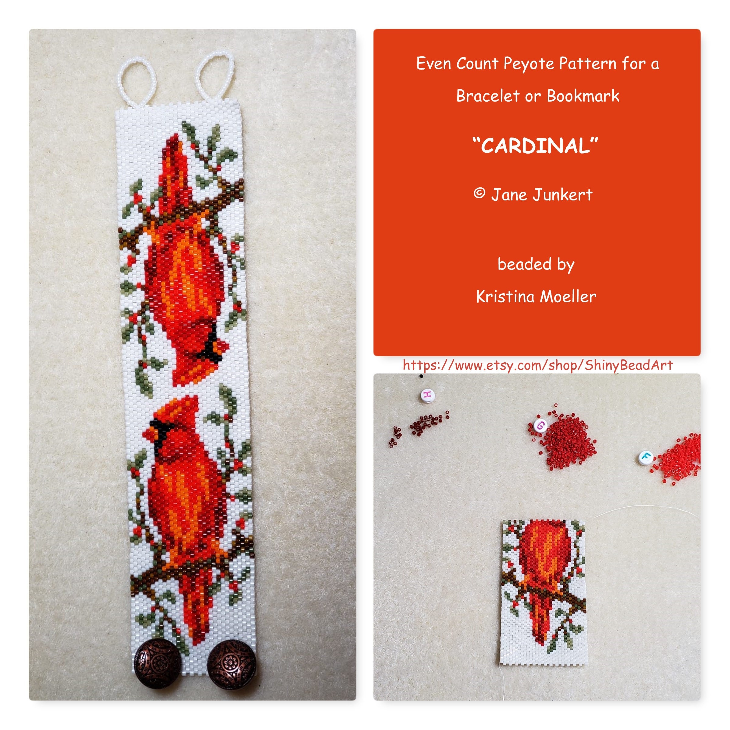 CARDINAL (redbird) / Even-count Peyote Bracelet or Bookmark Pattern ...