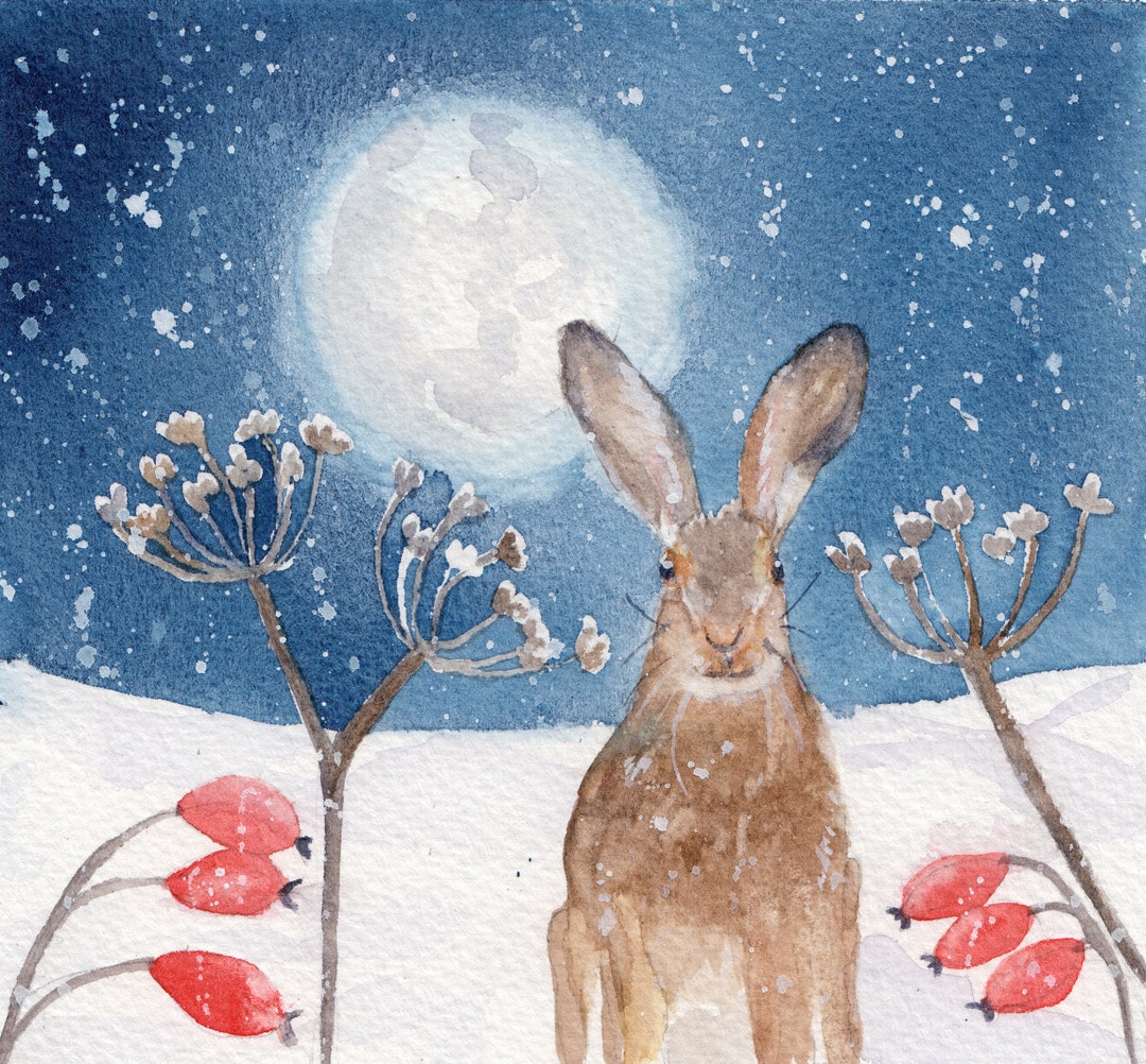 Pack of Four Hare Full Moon Snow Handmade Christmas Card From Original ...
