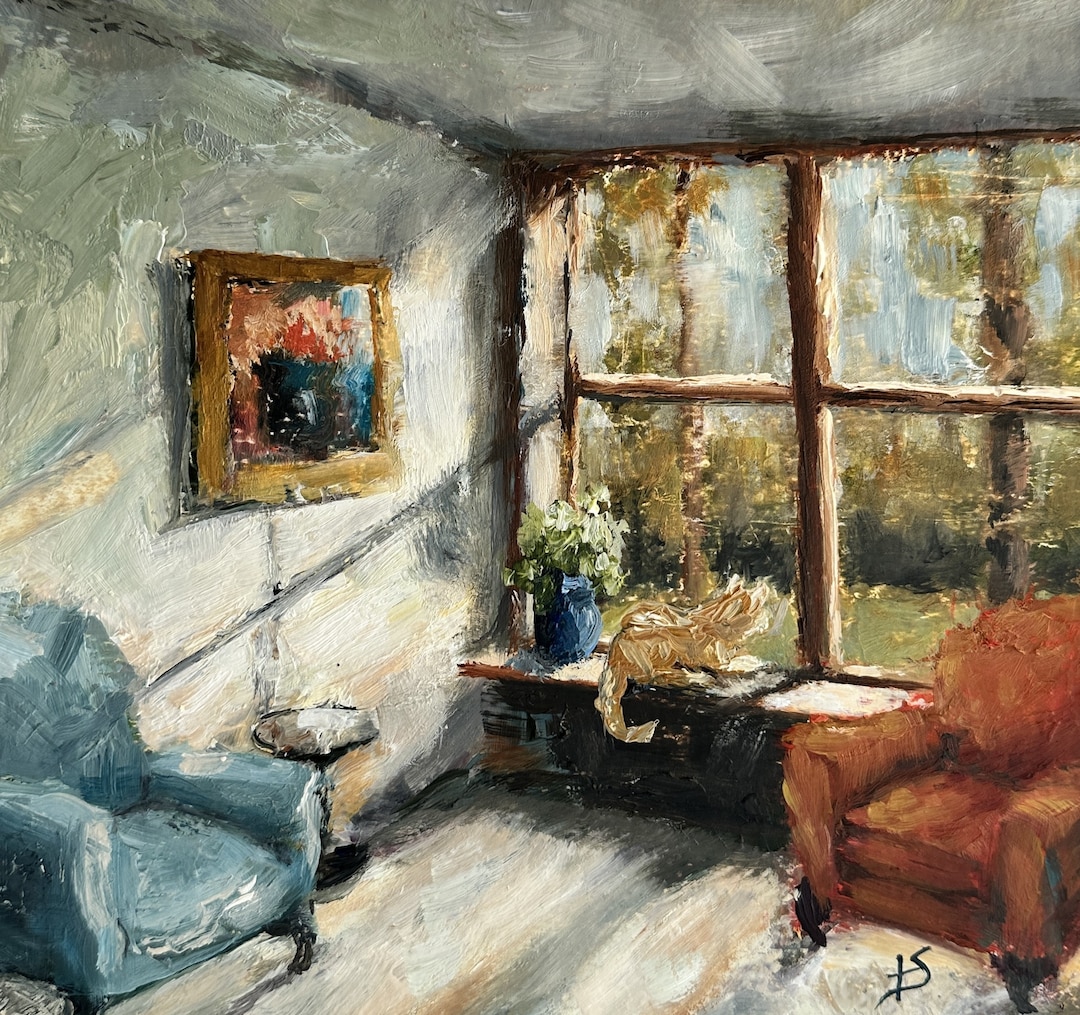Impressionist Living Room Interiors, Cat in Window Painting, Giclee ...