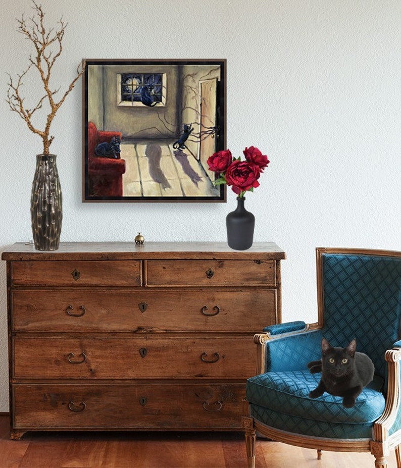 Scaredy Cats Shadows on Wall Blue Moon Black Cat Painting - Etsy