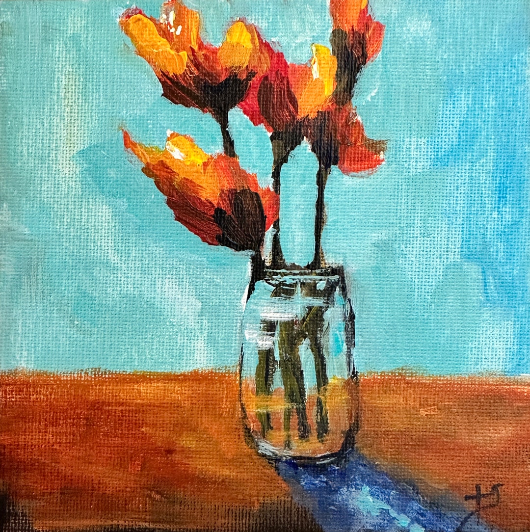 Impressionist Vase of Flowers Contemporary Florals, Kitchen Art Small ...