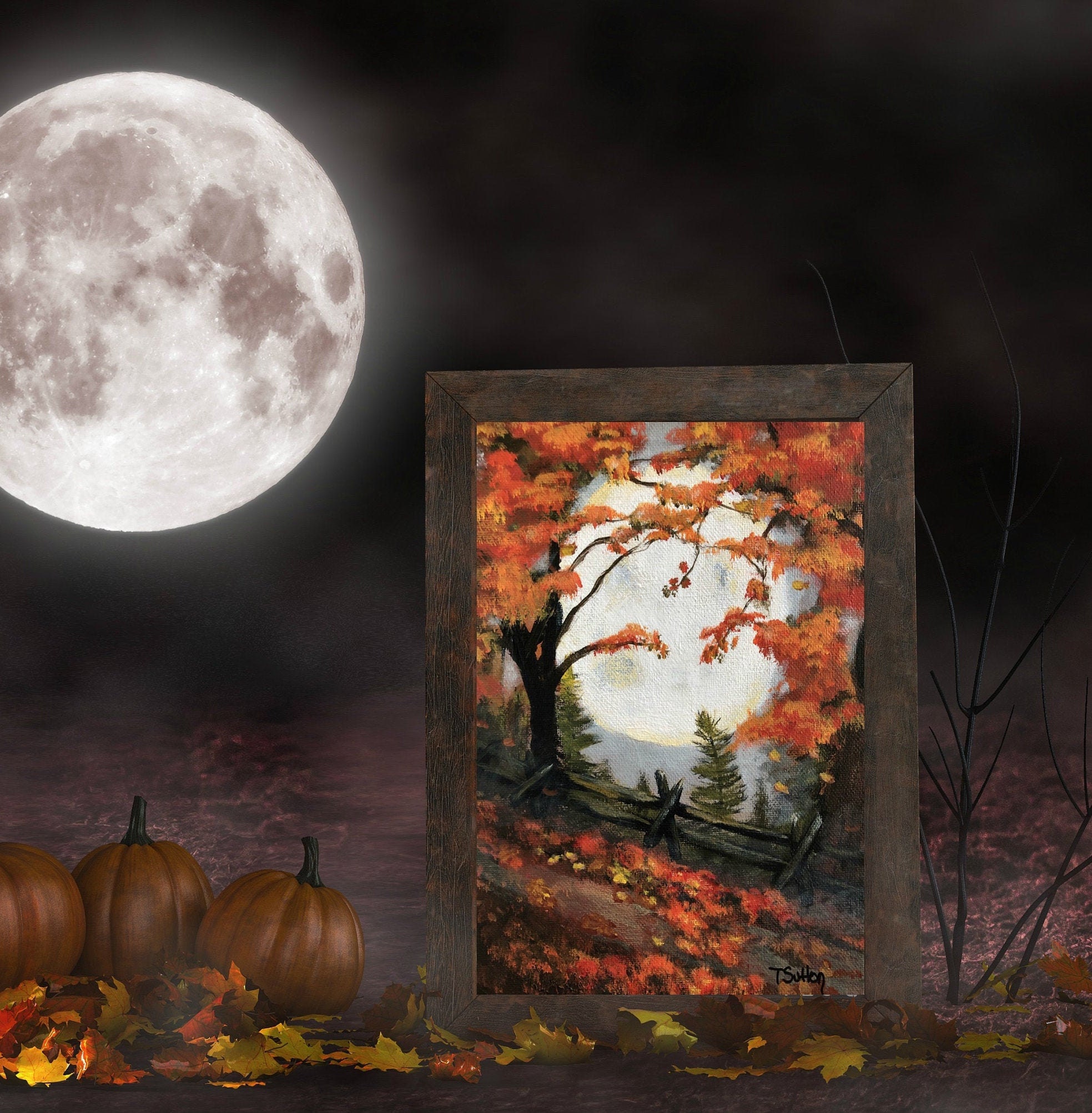 Autumn Path Full Moon Painting / Fall Wall Art / Moonlight - Etsy
