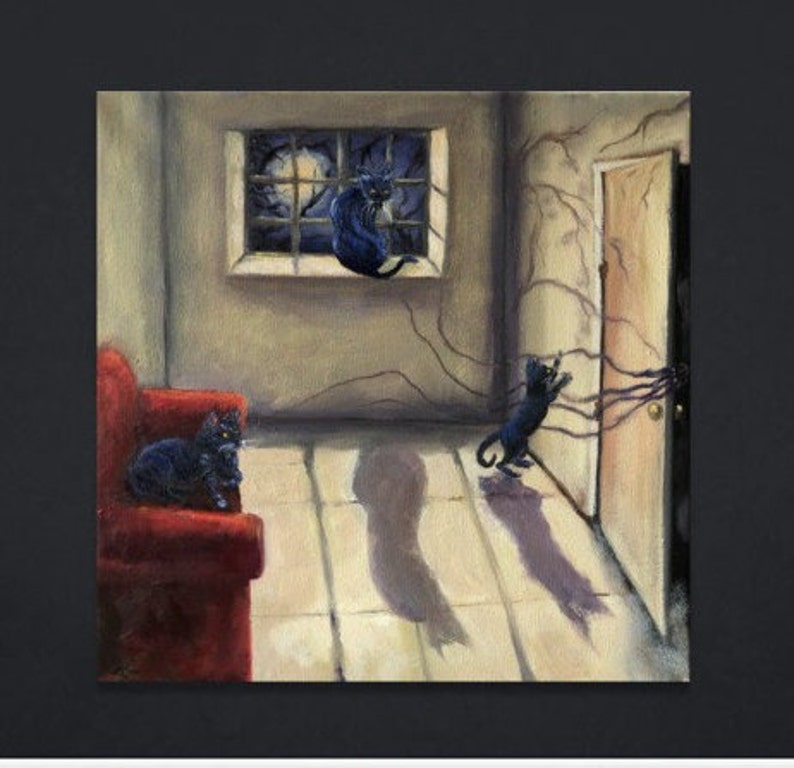 Scaredy Cats Shadows on Wall Blue Moon Black Cat Painting - Etsy