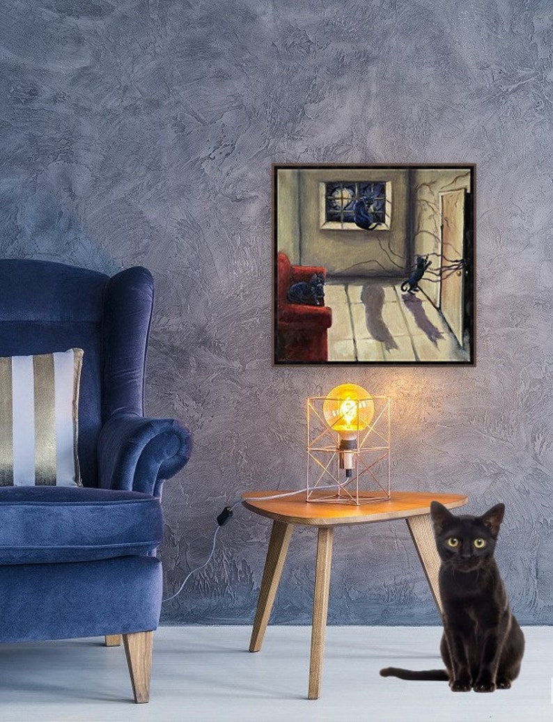 Scaredy Cats Shadows on Wall Blue Moon Black Cat Painting - Etsy