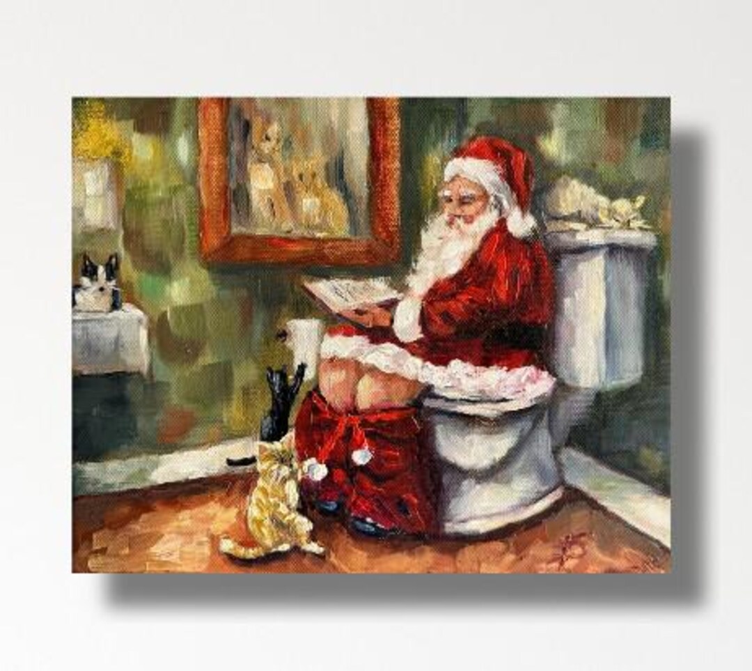 Santa Claus on the Toilet With Cats, ORIGINAL Oil Painting by T Sutton ...