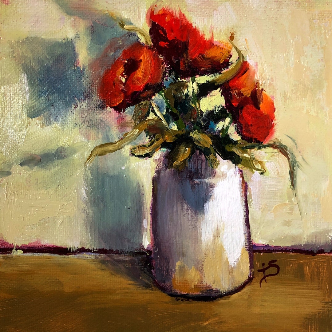 Red Impressionist Vase of Flowers, Contemporary Florals, Modern Art ...