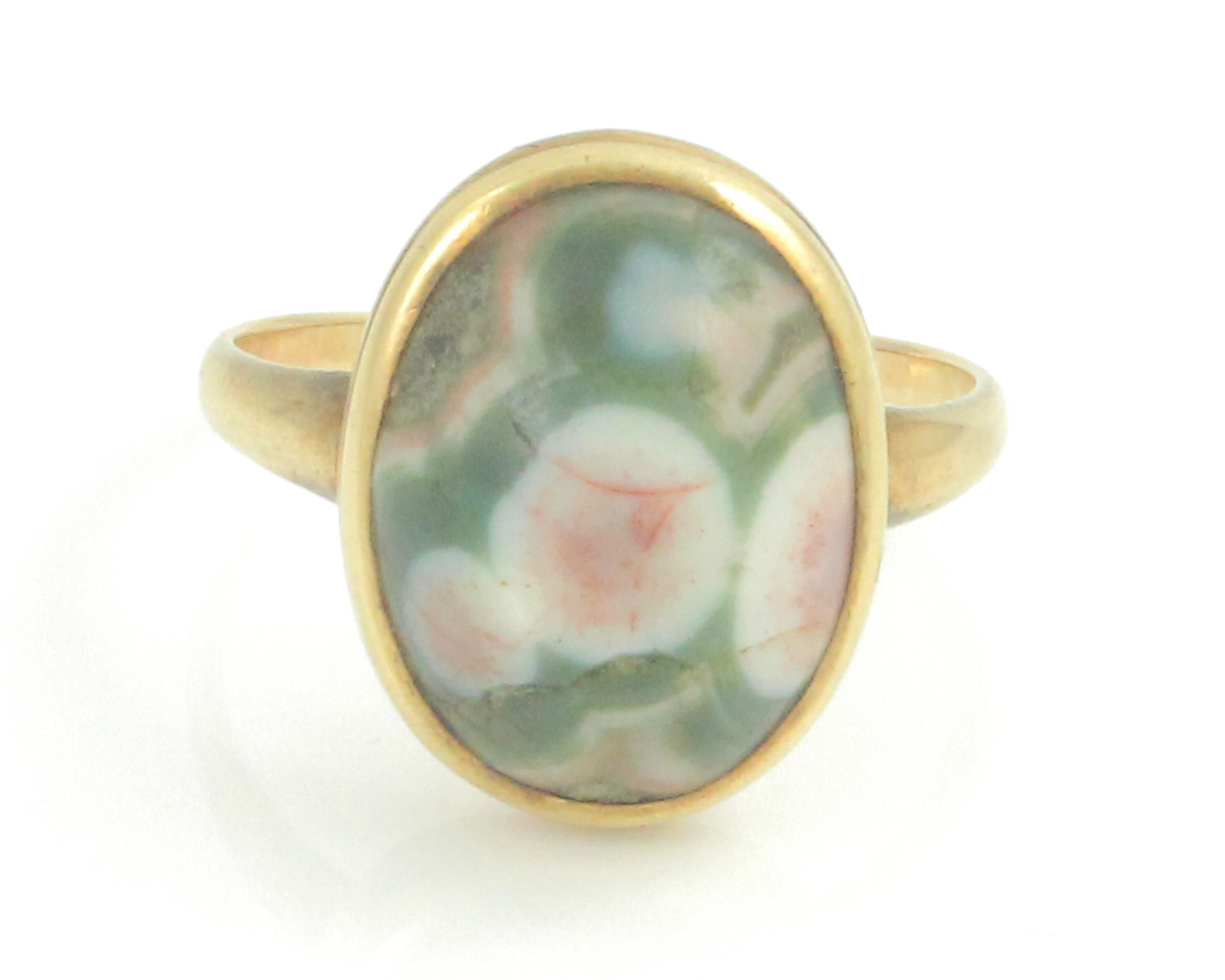 Antique 10K Bullseye Agate Ring, Vintage 10K Gold Green Pink Bullseye ...