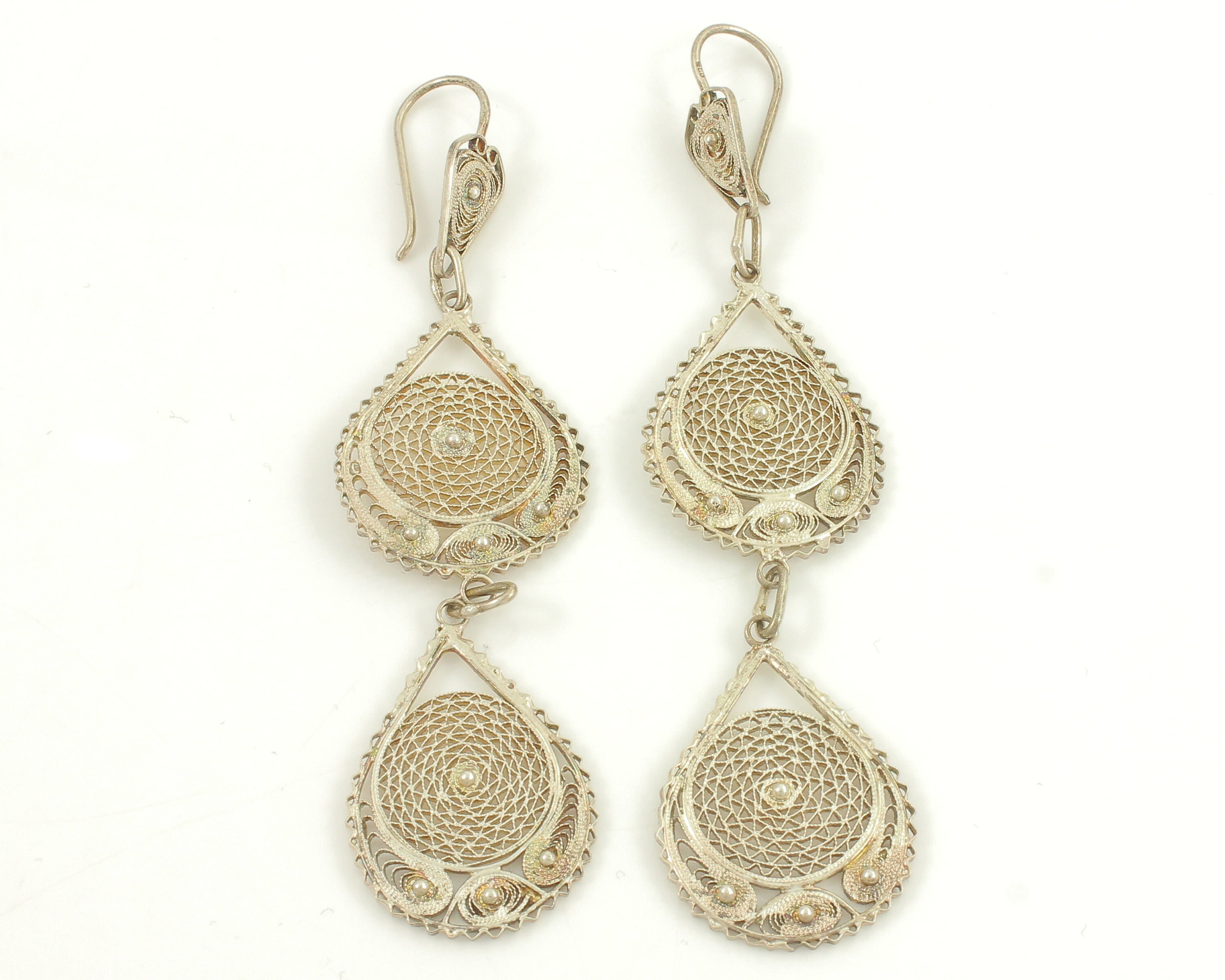 Vintage 925 Silver Filigree Double Teardrop Dangle Earrings 3 5 In