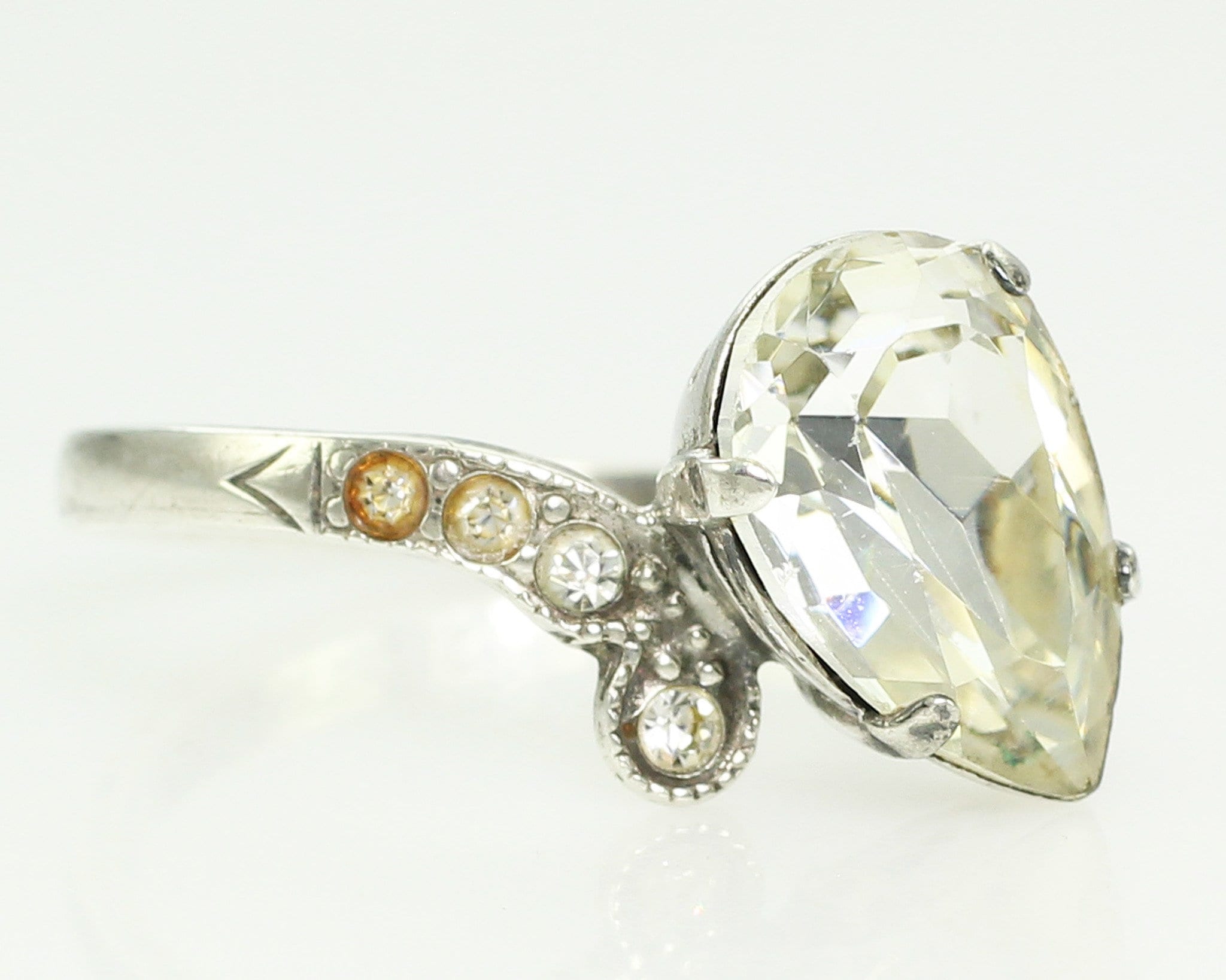Silver Rhinestone Ring - Vintage Sterling Pear Shaped Crystal Bypass ...