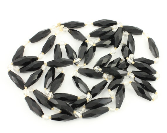 Vintage Black Glass Bead Flapper Necklace, Roaring 20… - Gem