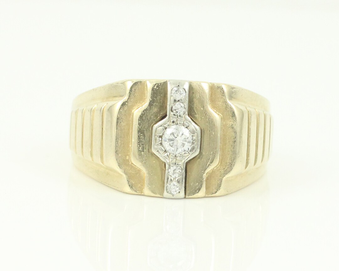 Vintage Diamond 14K Gold Mens Ring, 1980s .14 CT Diamond 14K Ring ...