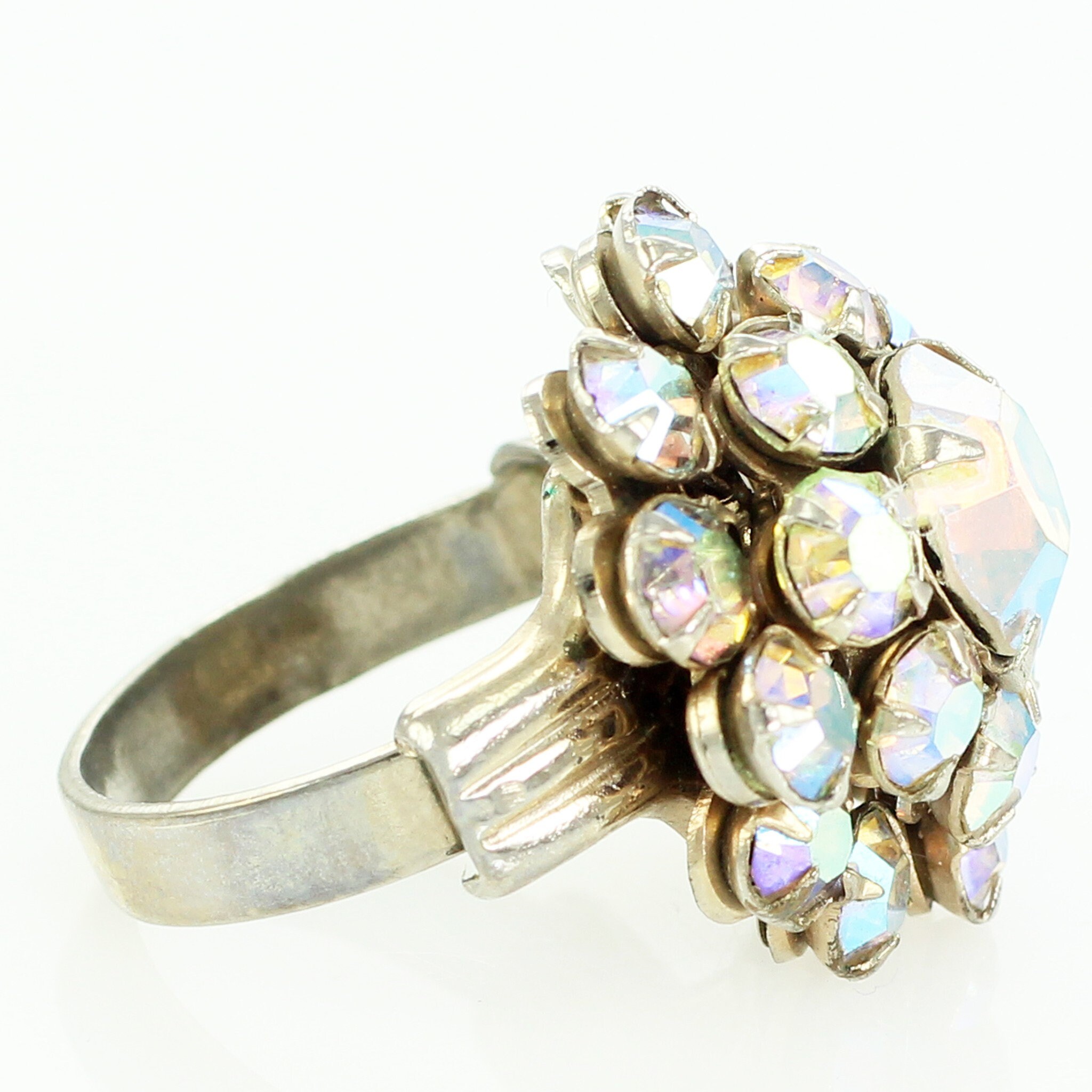 Vintage Aurora Borealis Rhinestone Ring - 1960s Adjustable Golden ...