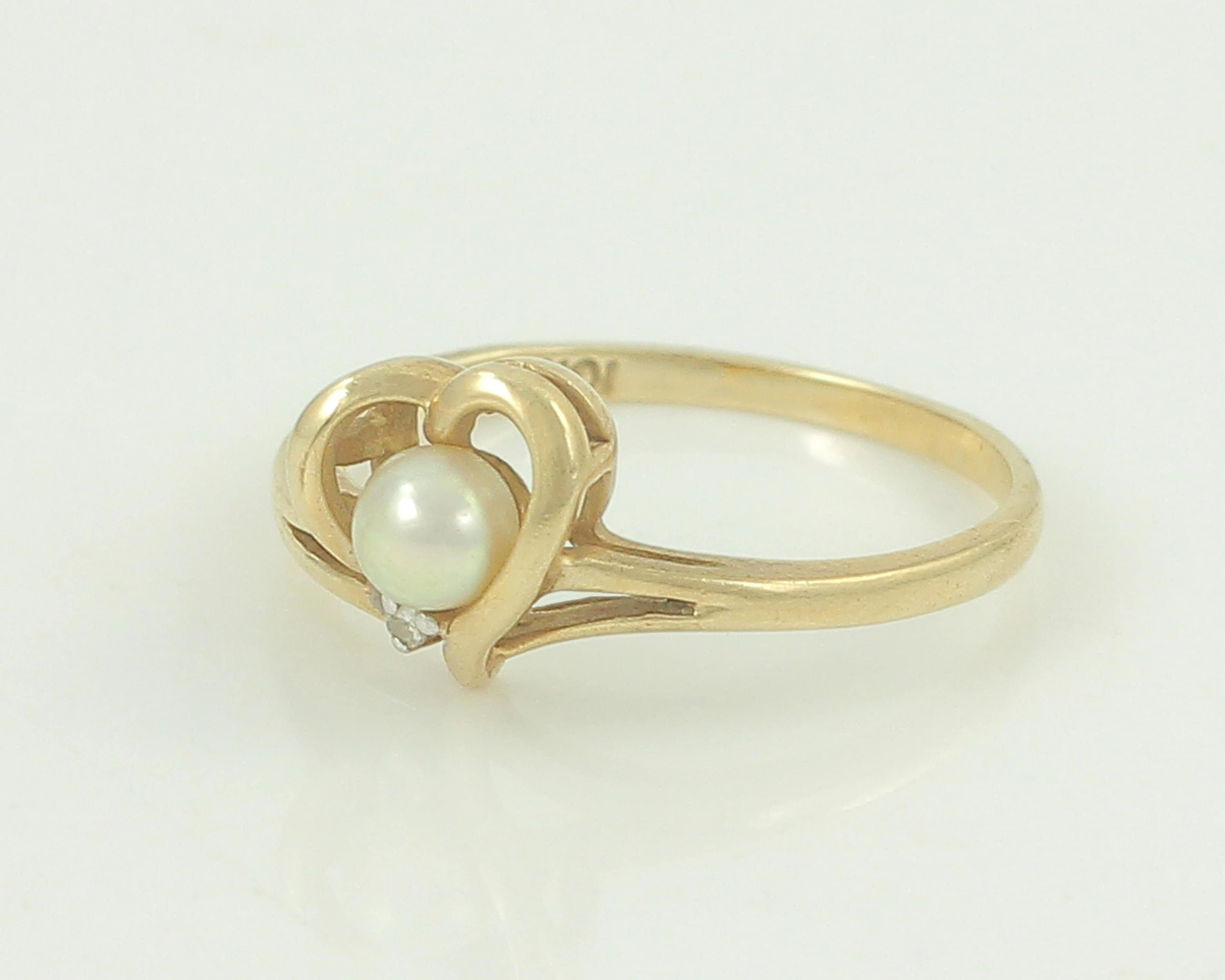 Vintage 10K Pearl Diamond Heart Ring, Vintage 10K Cultured Akoya Pearl ...