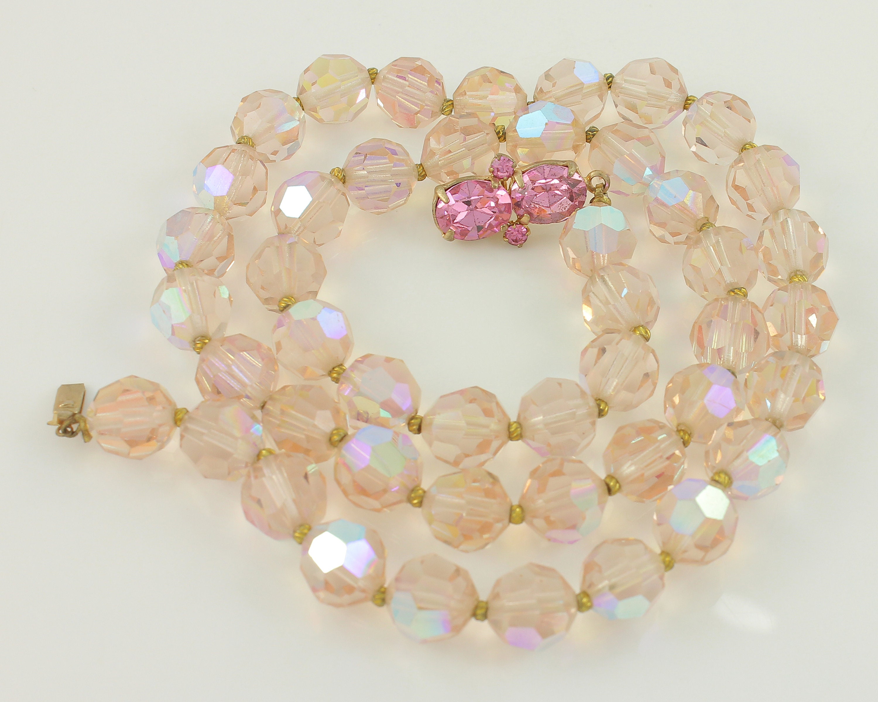 Vintage Pink Aurora Borealis Crystal Bead Necklace, Vintage Pink ...