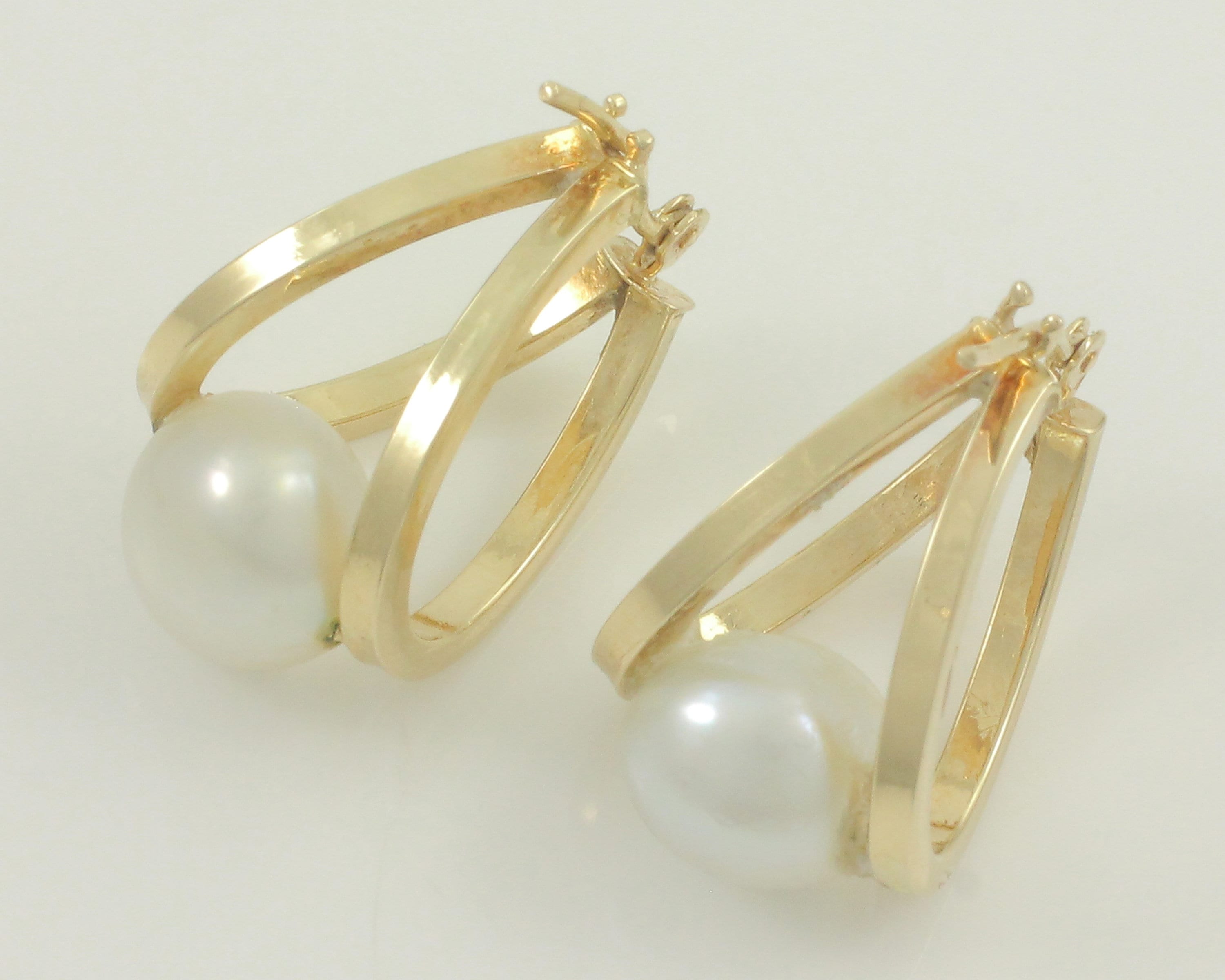 Vintage 14K Cultured Freshwater Pearl Hoop Earrings, Jacmel 14K Gold 7.5mm Pearl Earrings, June ...