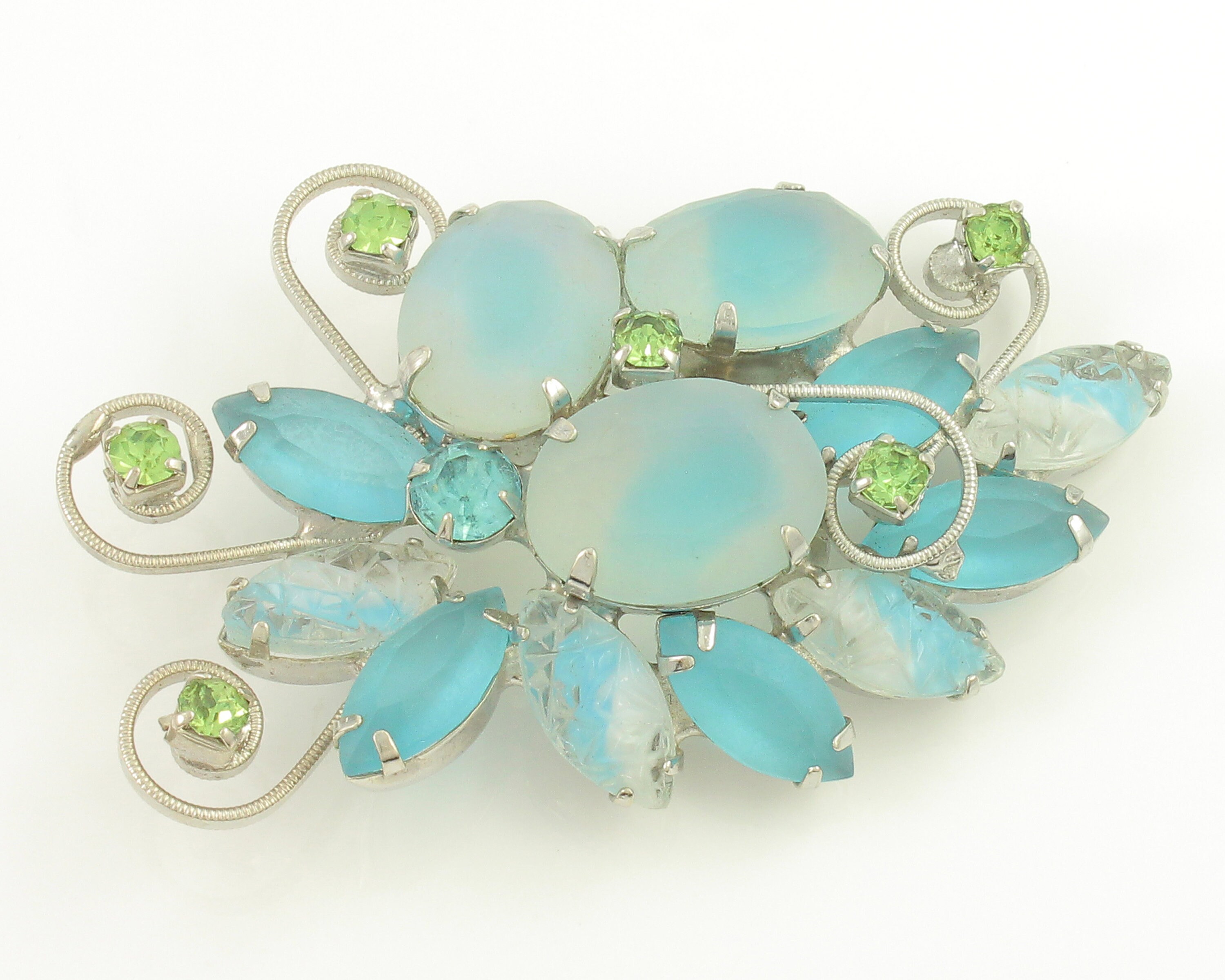 Vintage Blue Green Art Glass Rhinestone Brooch Givre Frosted Lava Rock