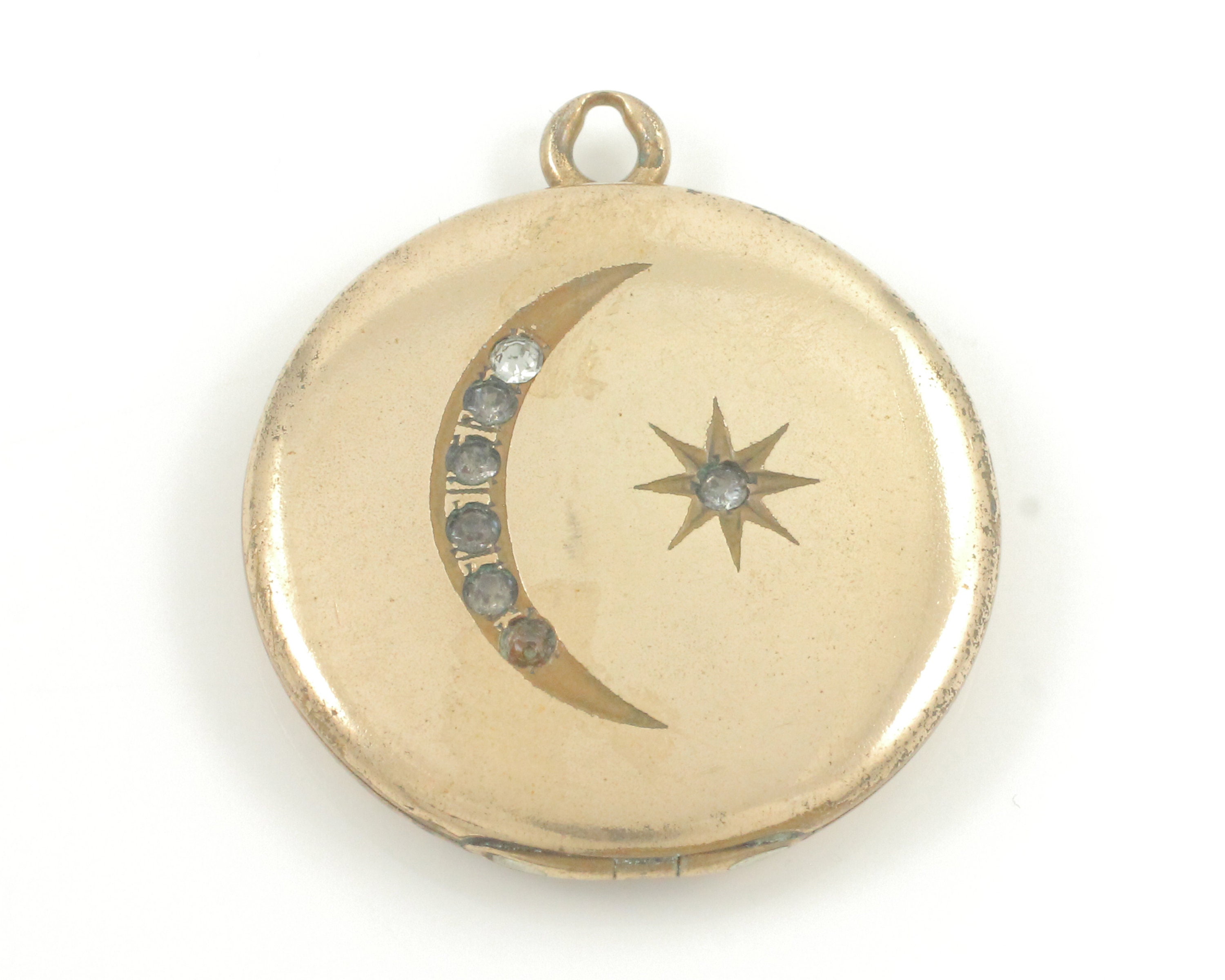 Victorian Crescent Moon Star Round Locket Pendant, Antique Gold Filled ...