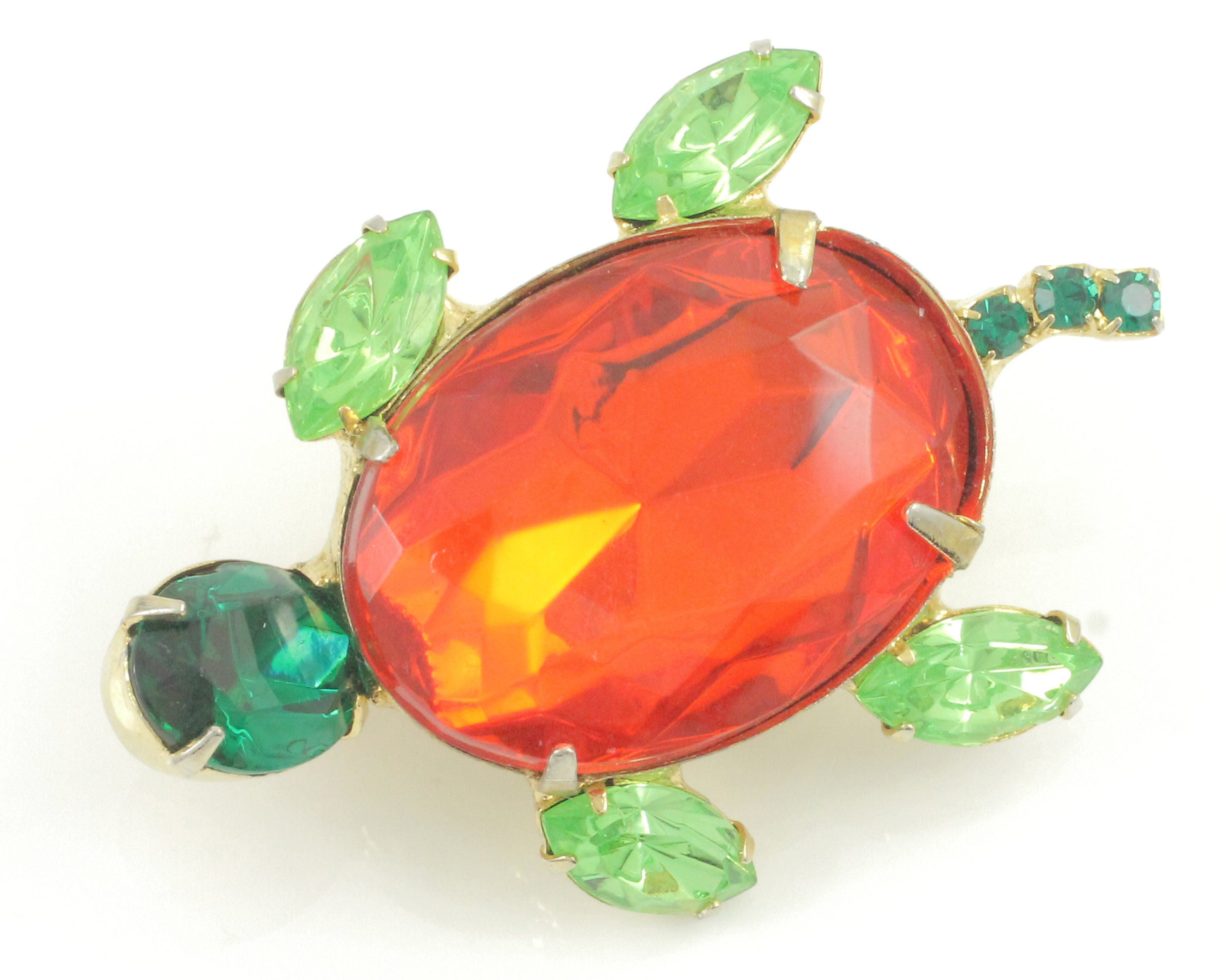 Vintage Rhinestone Turtle Brooch, Orange and Green Rhinestone Tortoise ...