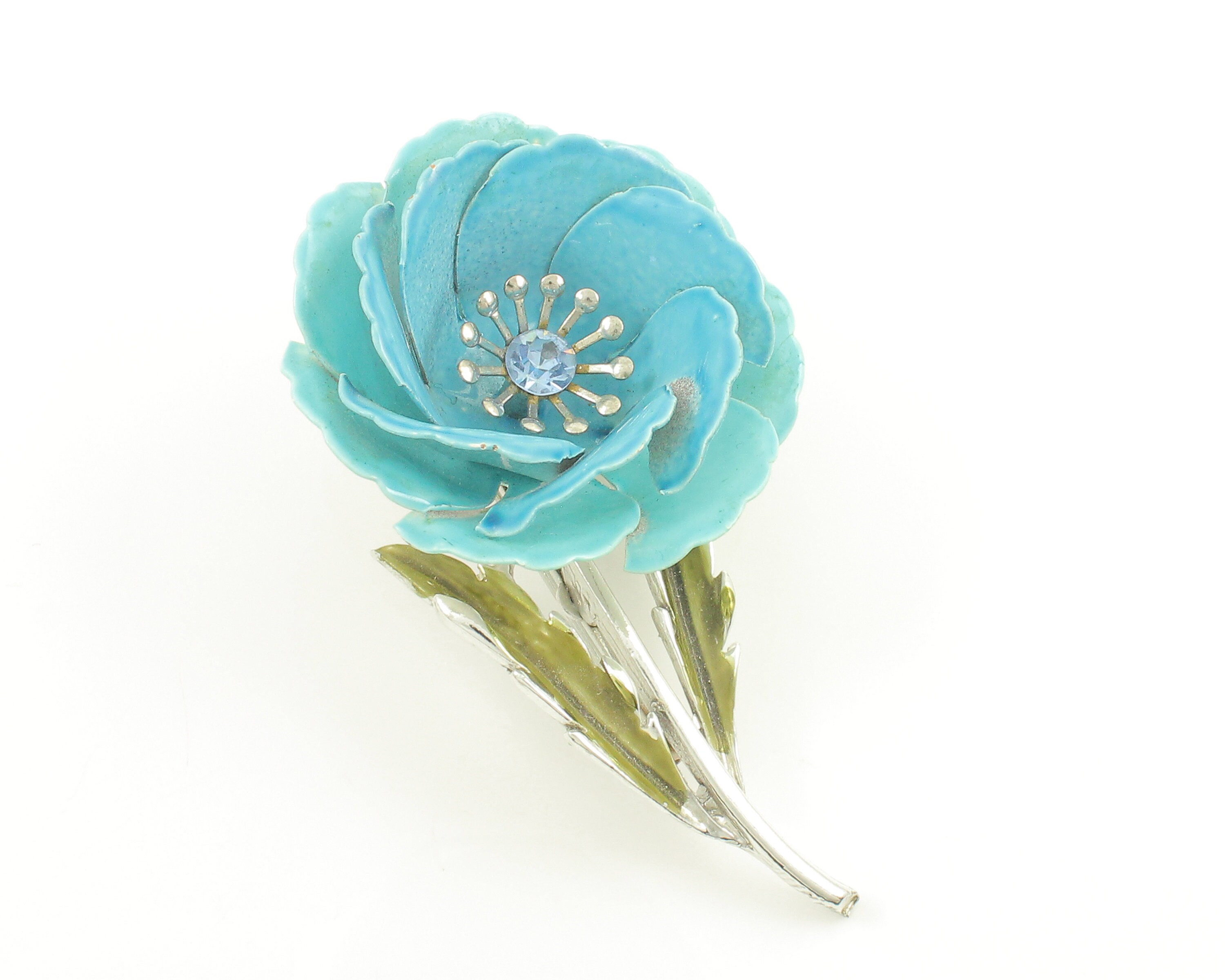 Vintage Coro Teal Enamel Flower Brooch, Coro Floral Pin, Something Blue Brooch, Wedding Brooch ...