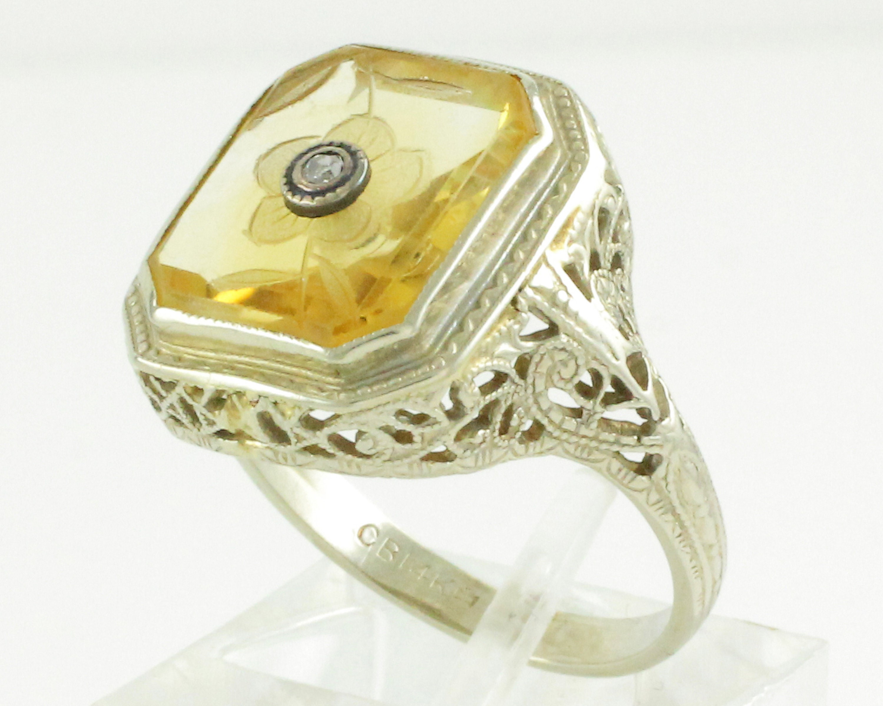 Ostby Barton 10K White Gold Filigree Citrine Diamond Ring - Carved ...