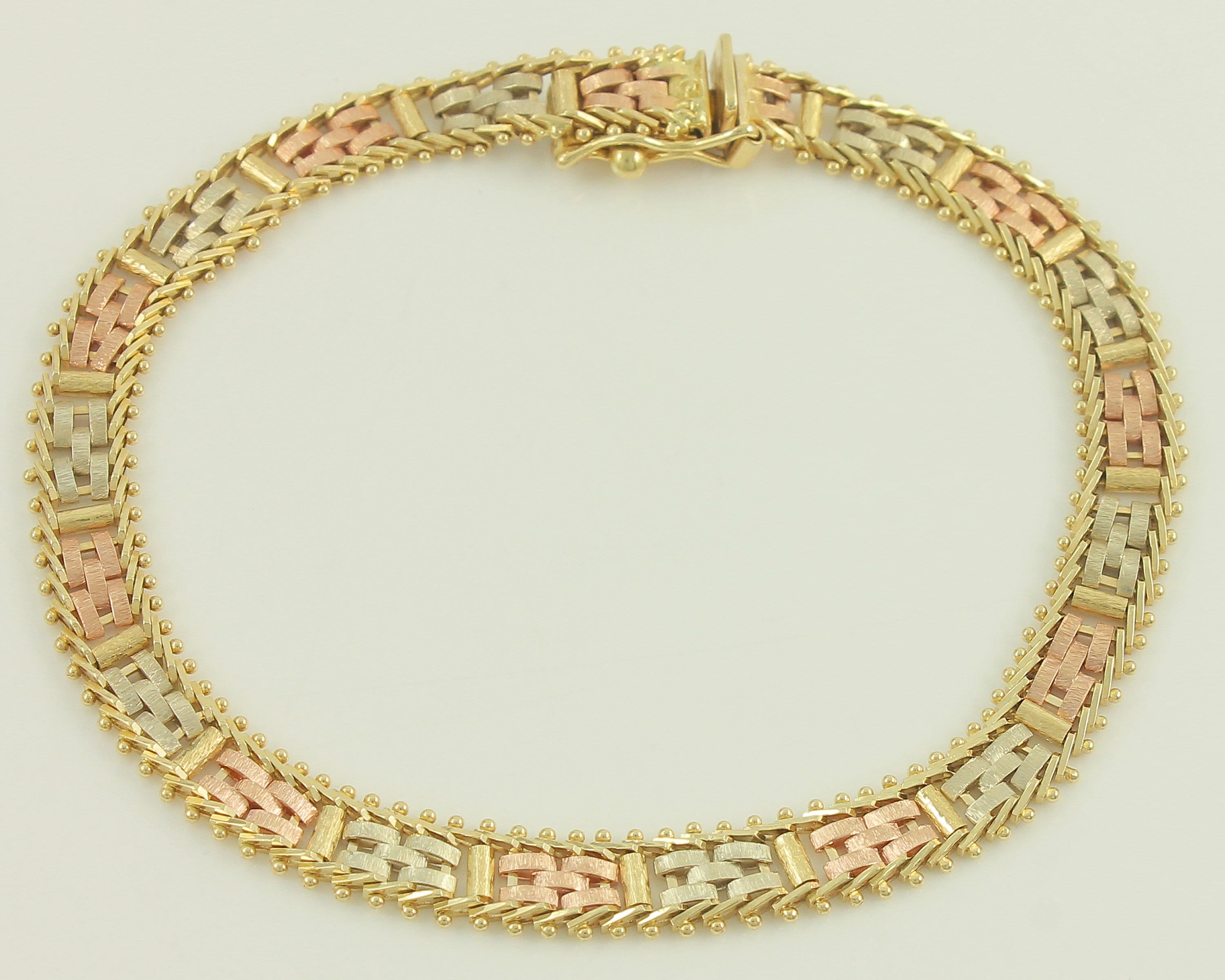 Vintage 14K TriColor Gold Brick Weave Chain Bracelet, 80s 14K TriColor ...