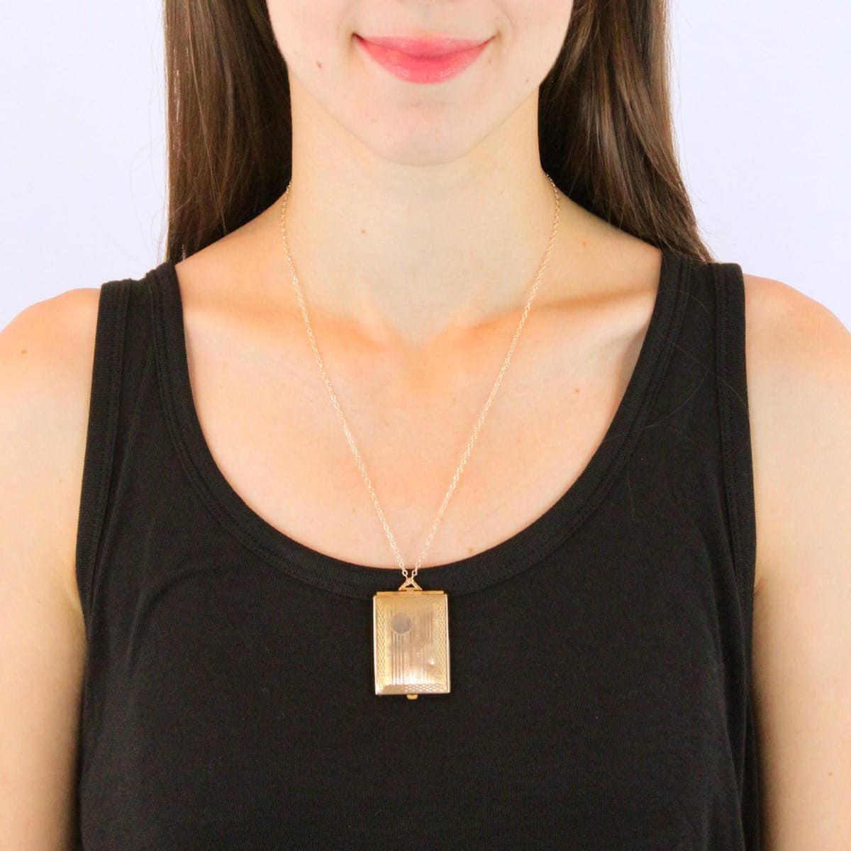 Art Deco Large Locket Engraved Rectangle Pendant Gold Filled Necklace ...