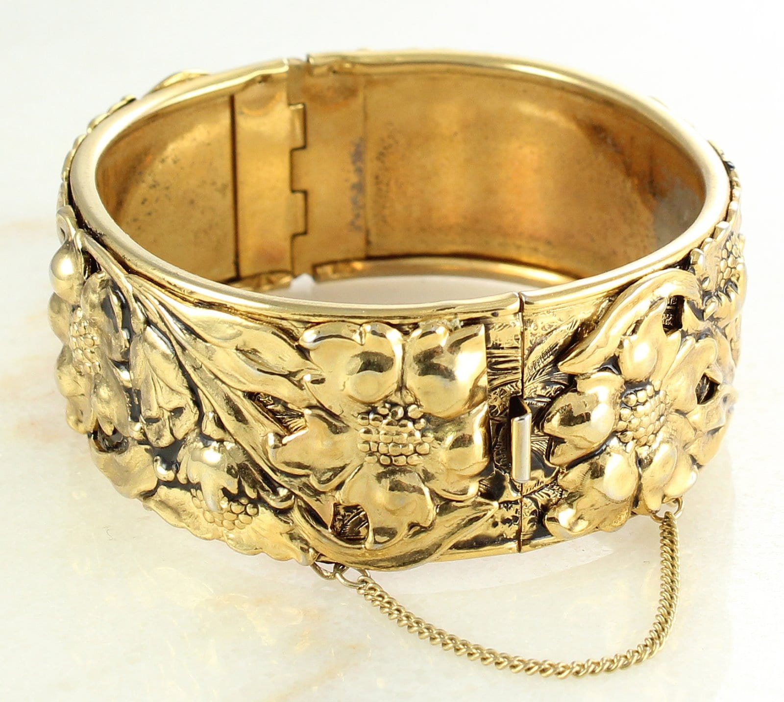 Vintage Repousse Bangle Bracelet Gold Tone Flower Blossom Wide Hinged