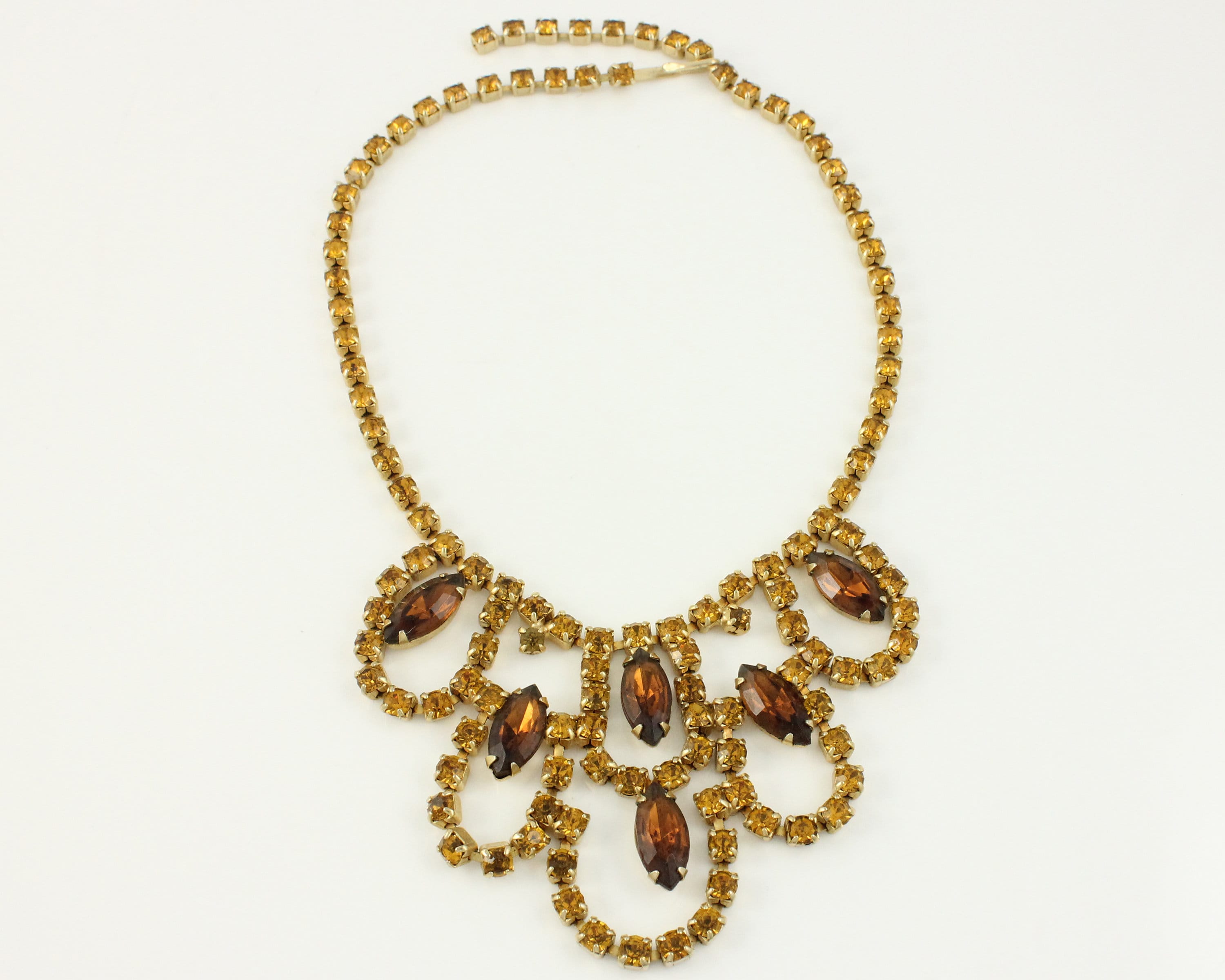 Vintage Honey Gold and Root Beer Rhinestone Swag Necklace, Vintage ...