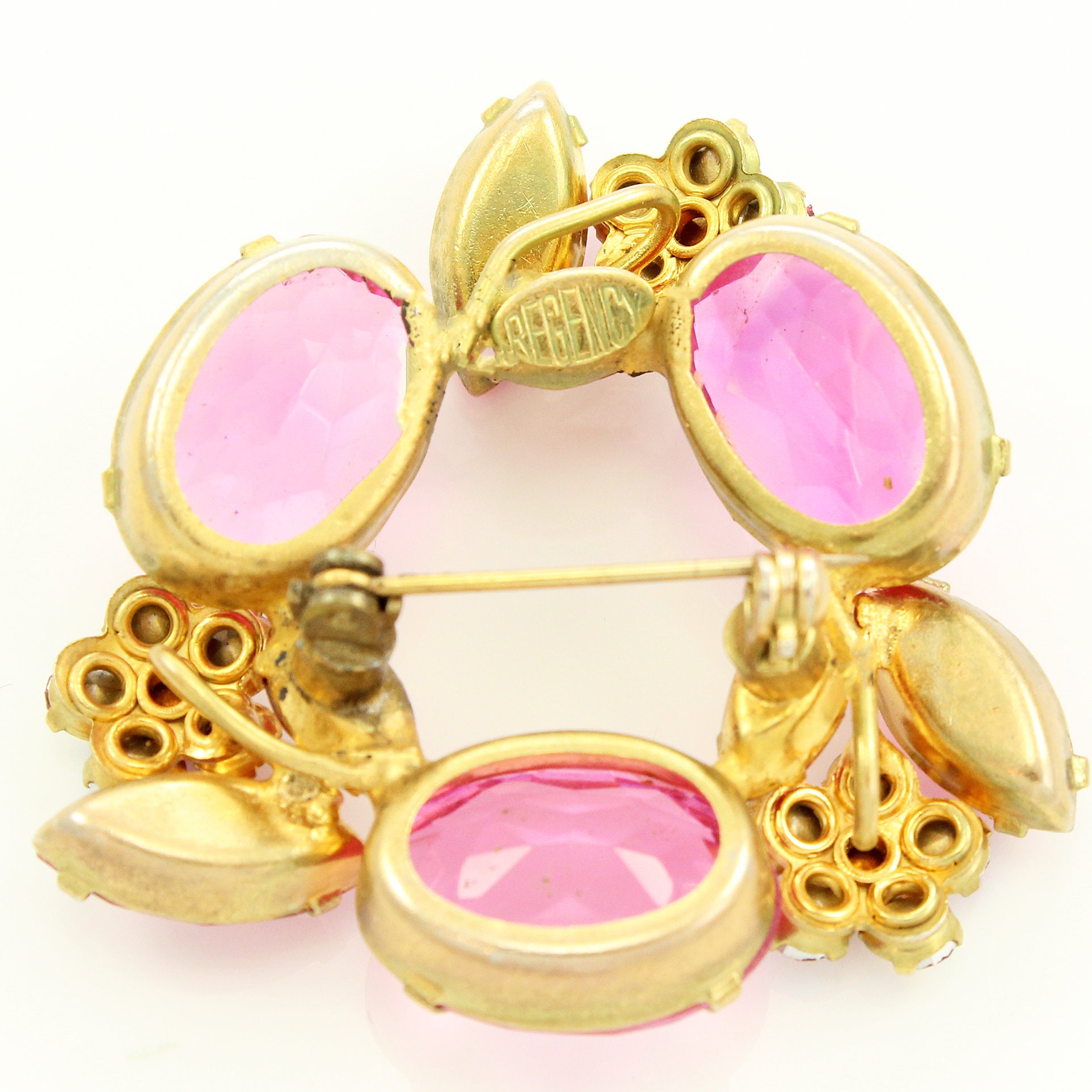 Vintage Hot Pink Regency Rhinestone Brooch Pin and Earrings - Signed ...