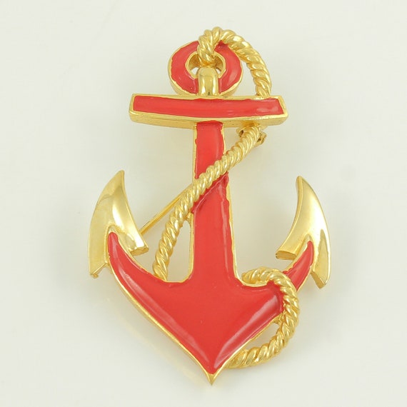 Vintage Trifari 1980s Red Enamel Anchor Brooch, Trifa… - Gem