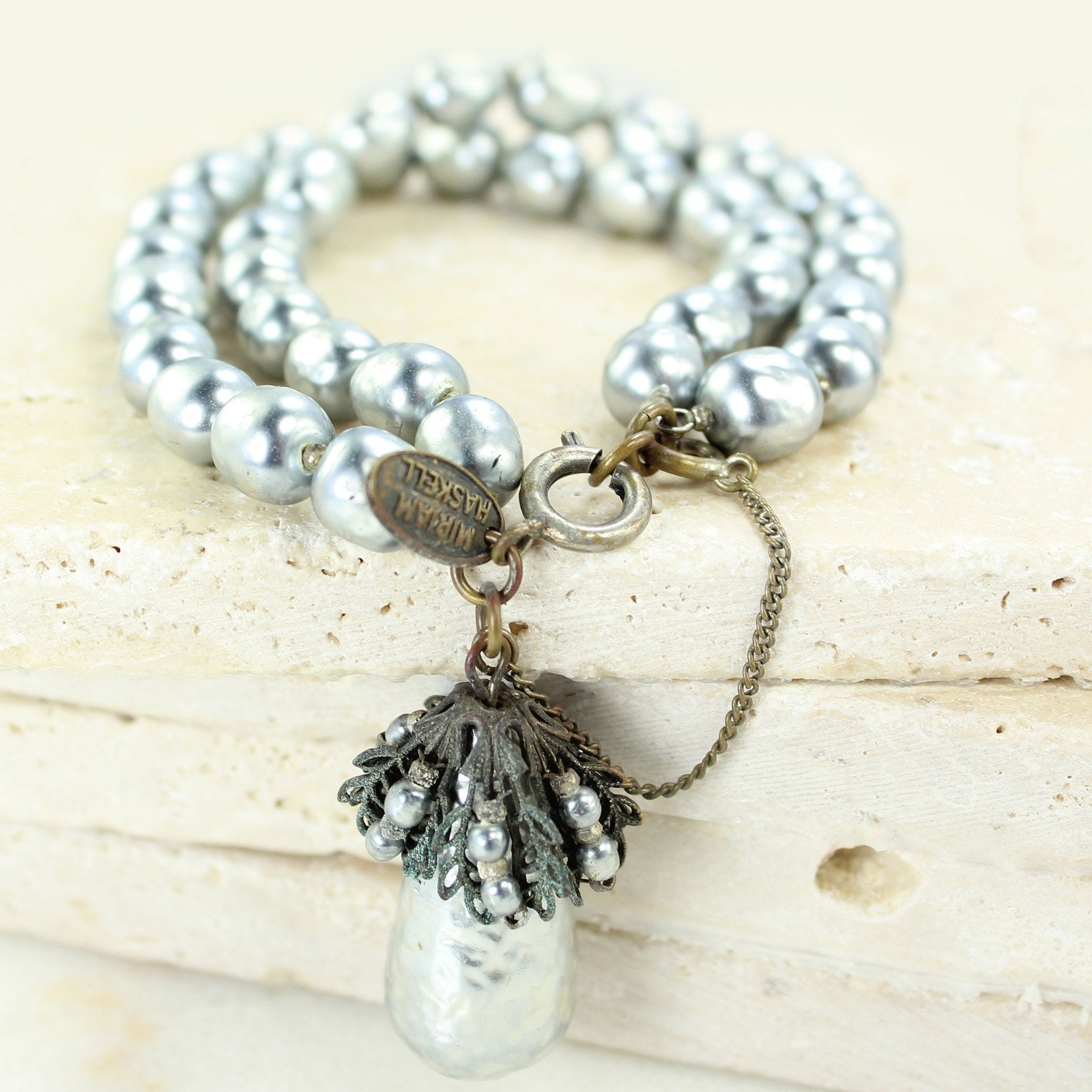 Signed Miriam Haskell Blue-Grey Simulated Baroque Pearl Double Strand ...