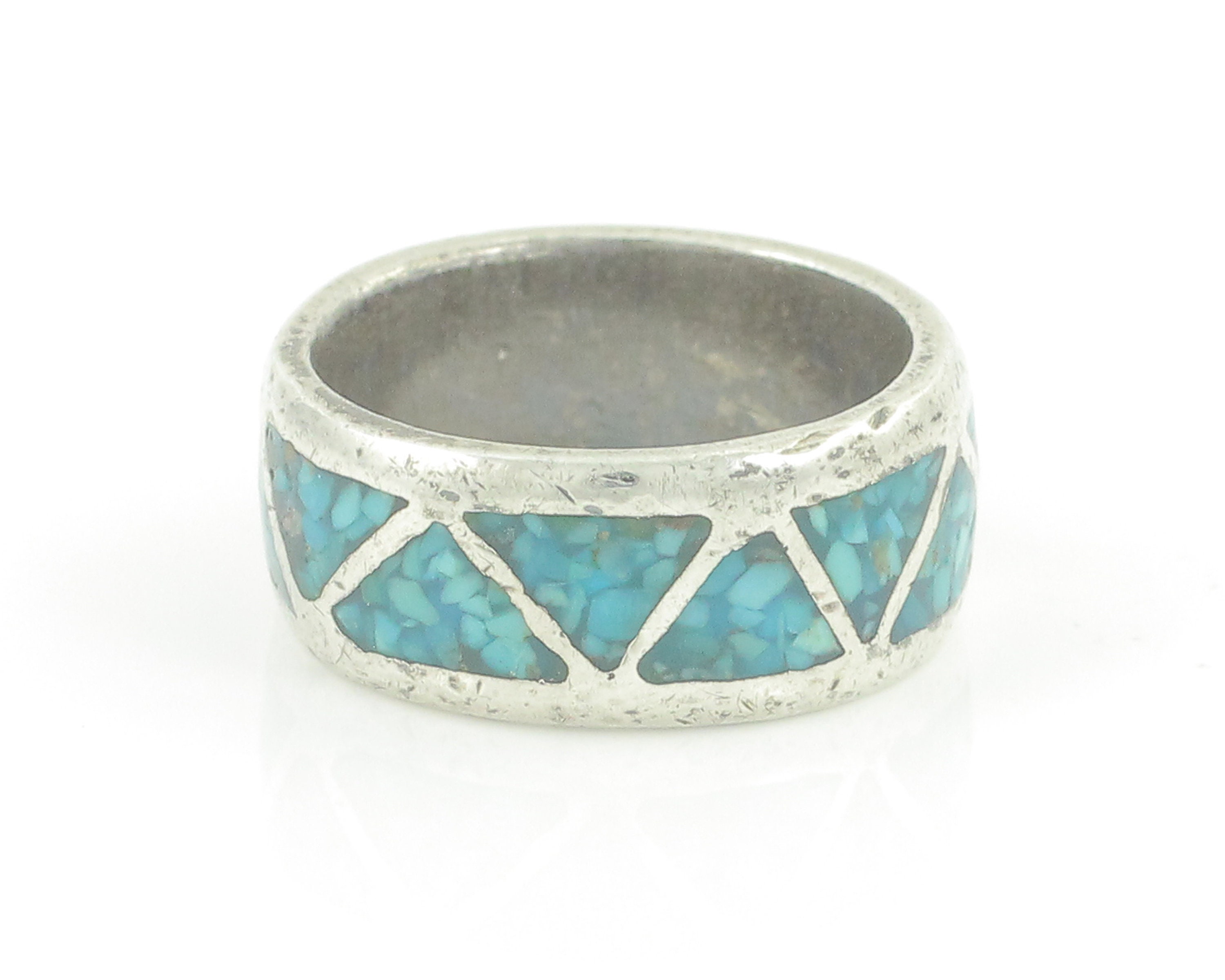 Vintage Sterling Crushed Turquoise Inlay Band, Sterling Triangle Stone ...