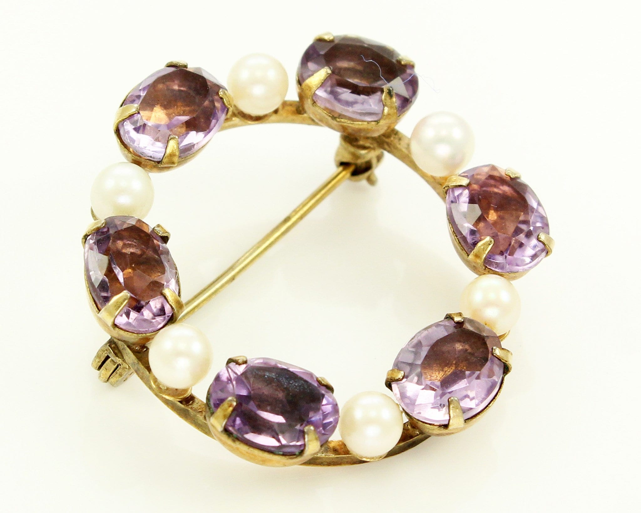 Vintage Amethyst Cultured Pearl Circle Pin Brooch Signed H.G. 1/20 12K ...