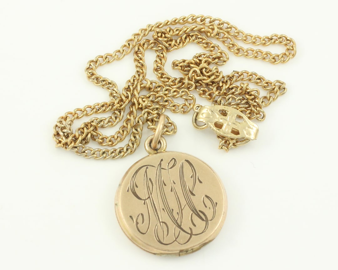 Vintage Monogrammed Locket Necklace, Dainty 10K Gold Filled Round ...