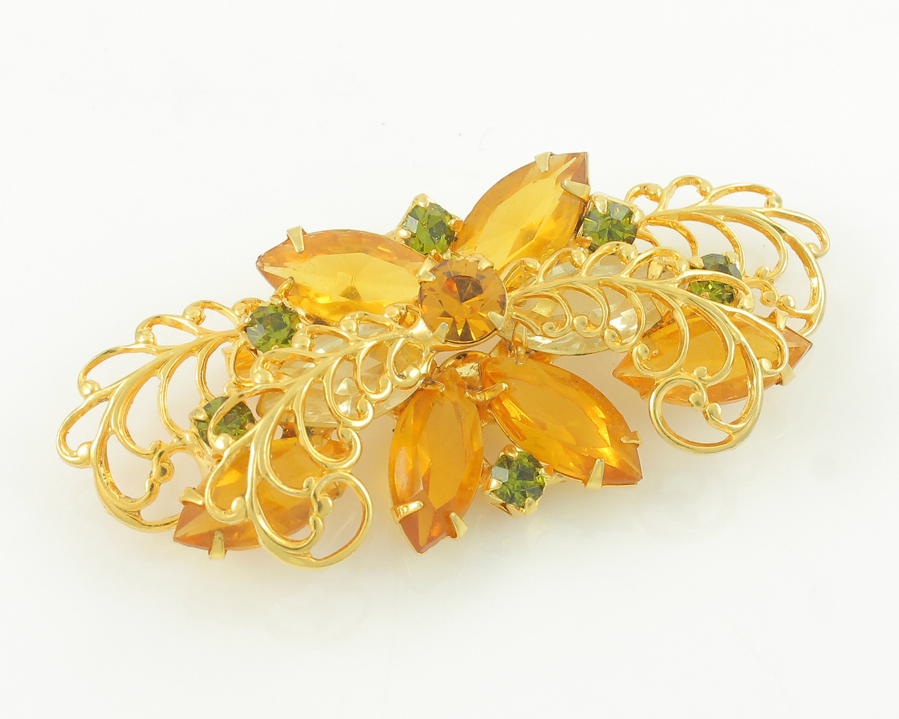 Vintage Green Golden Rhinestone Spray Brooch Vintage Yellow Marquise