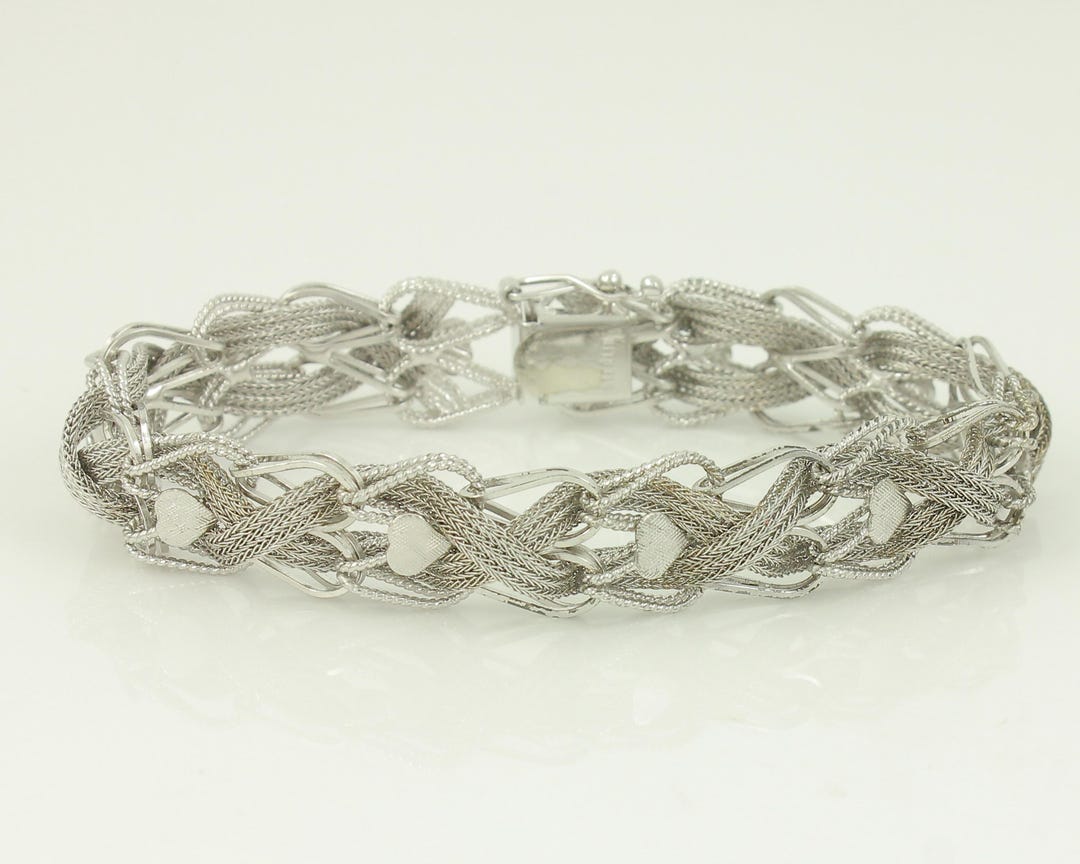 Vintage Sterling Mesh Heart Charm Bracelet, Chunky 7" 925 Silver ...