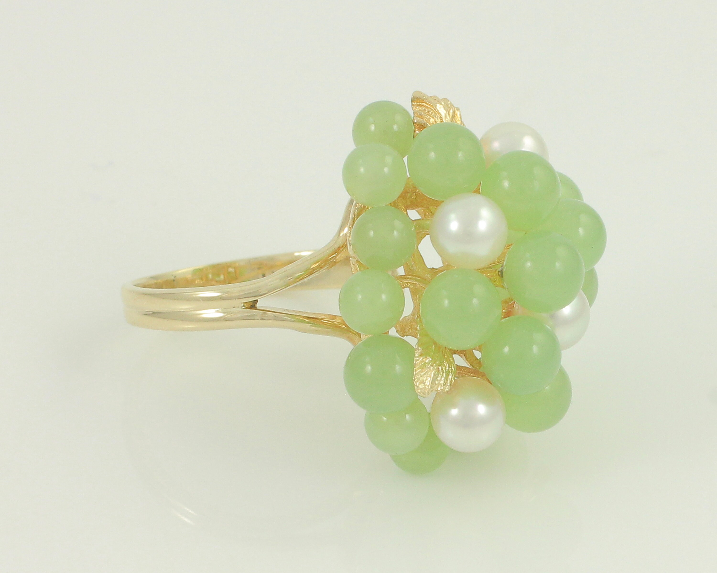 Vintage Jade and Pearl Ring, 14K Light Green Jade Akoya Cultured Pearl ...