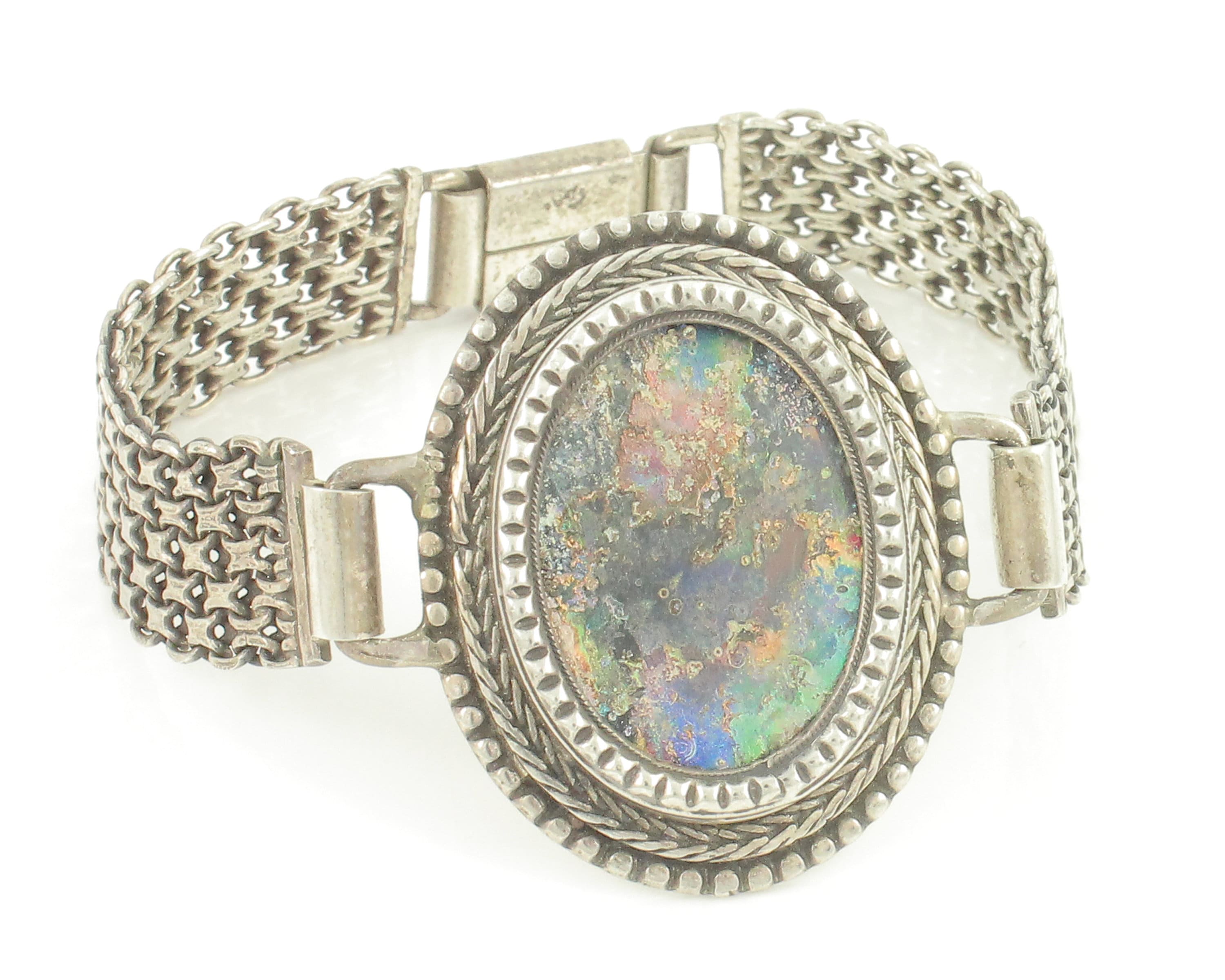Vintage Roman Glass Sterling Silver Bracelet, Oval Roman Glass 925 ...