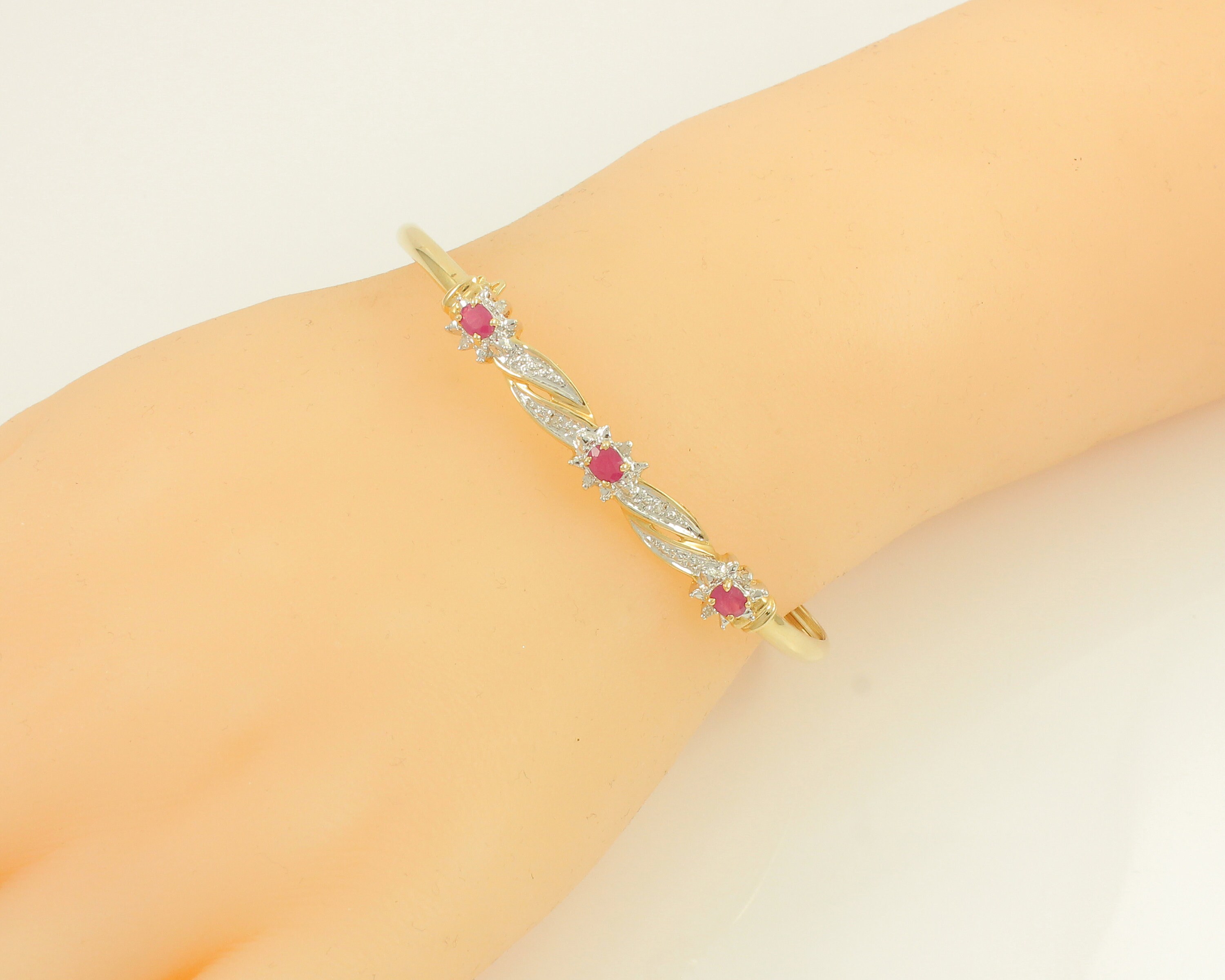 10K Enhanced Ruby Diamond Bangle Bracelet, 1980s 10K Yellow Gold ...